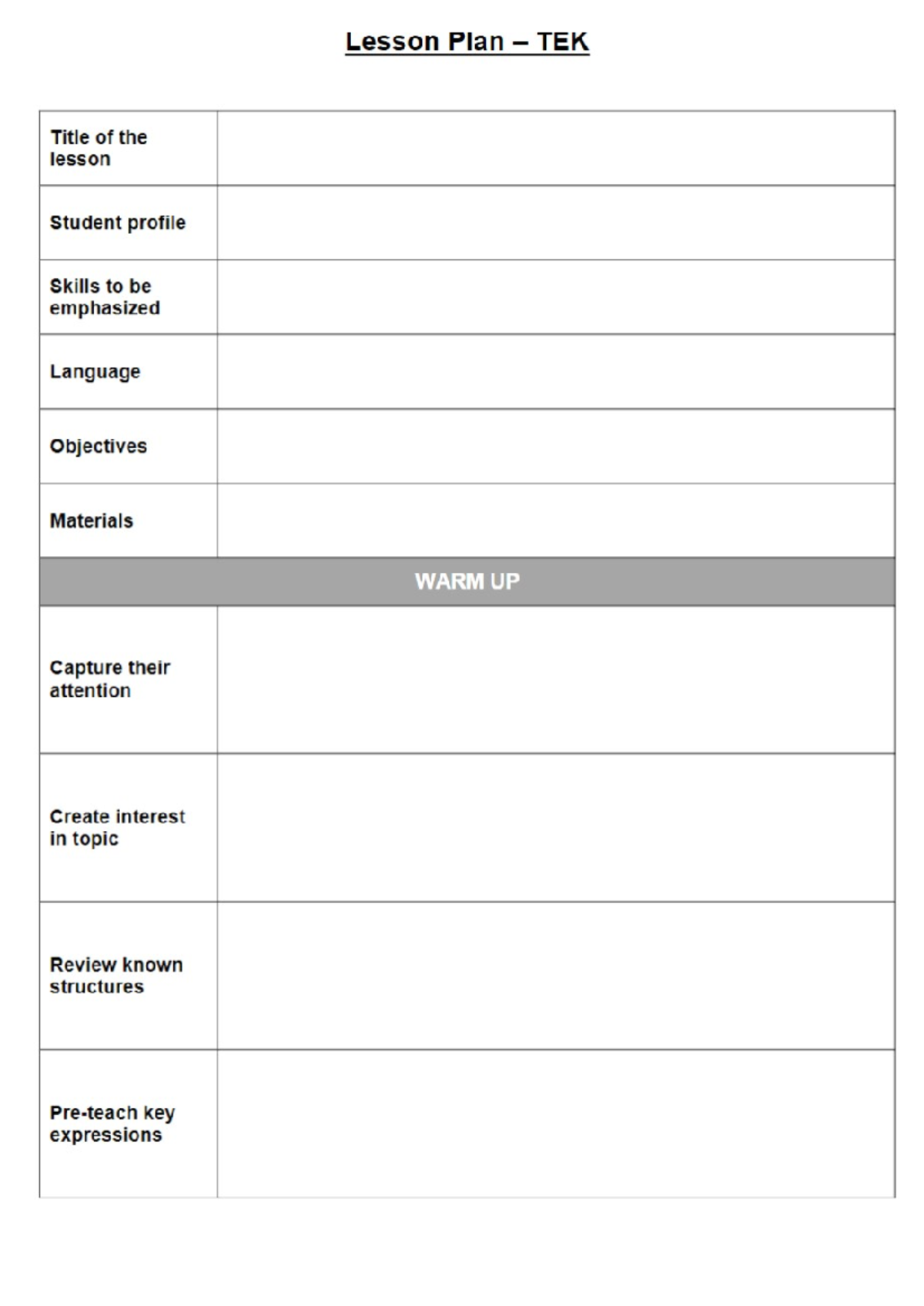 Lesson Plan format with self assessment - Lesson Plan TEK Title of the ...