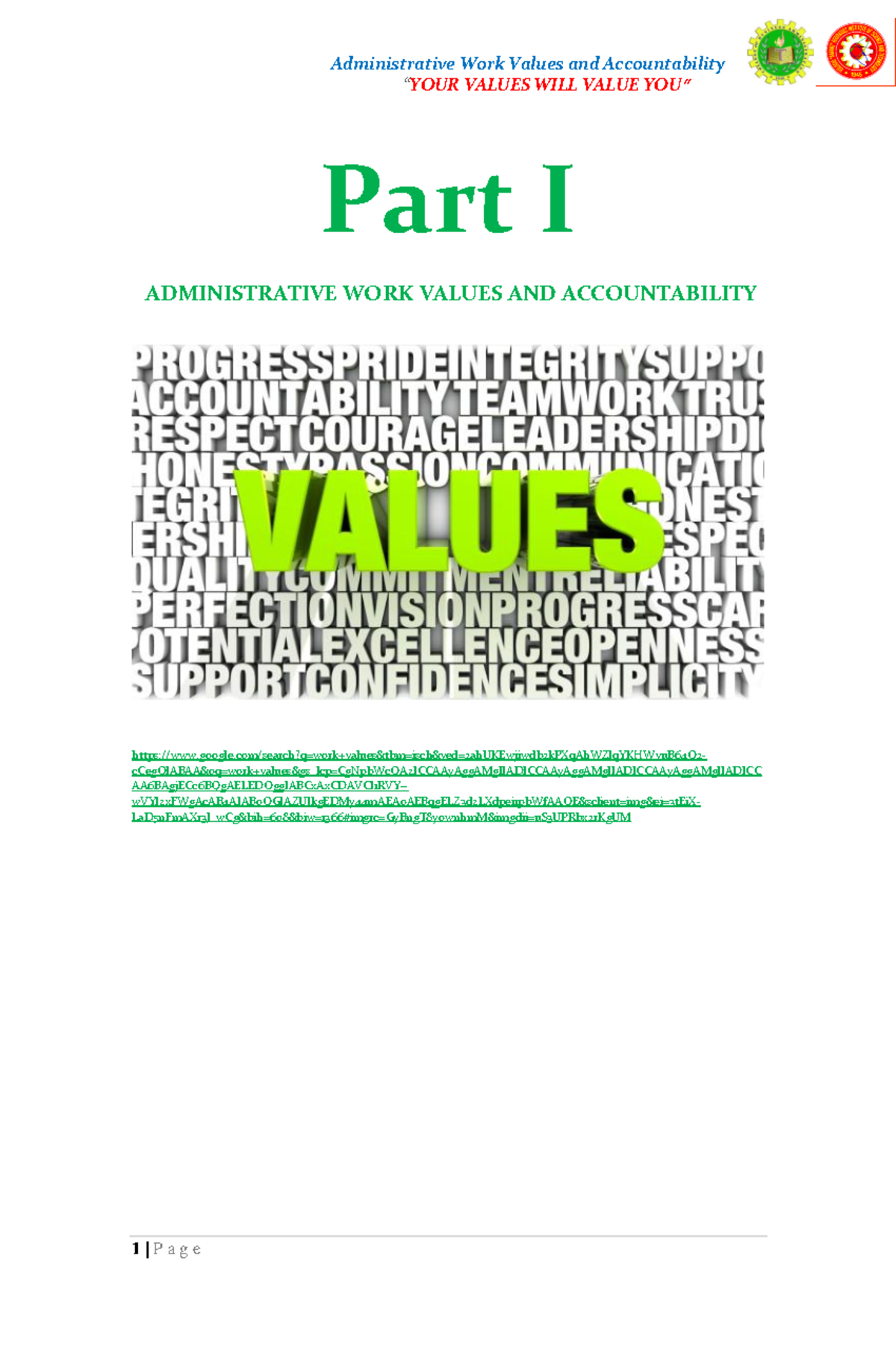 Administrative Work Values & Accountability - “YOUR VALUES WILL VALUE ...