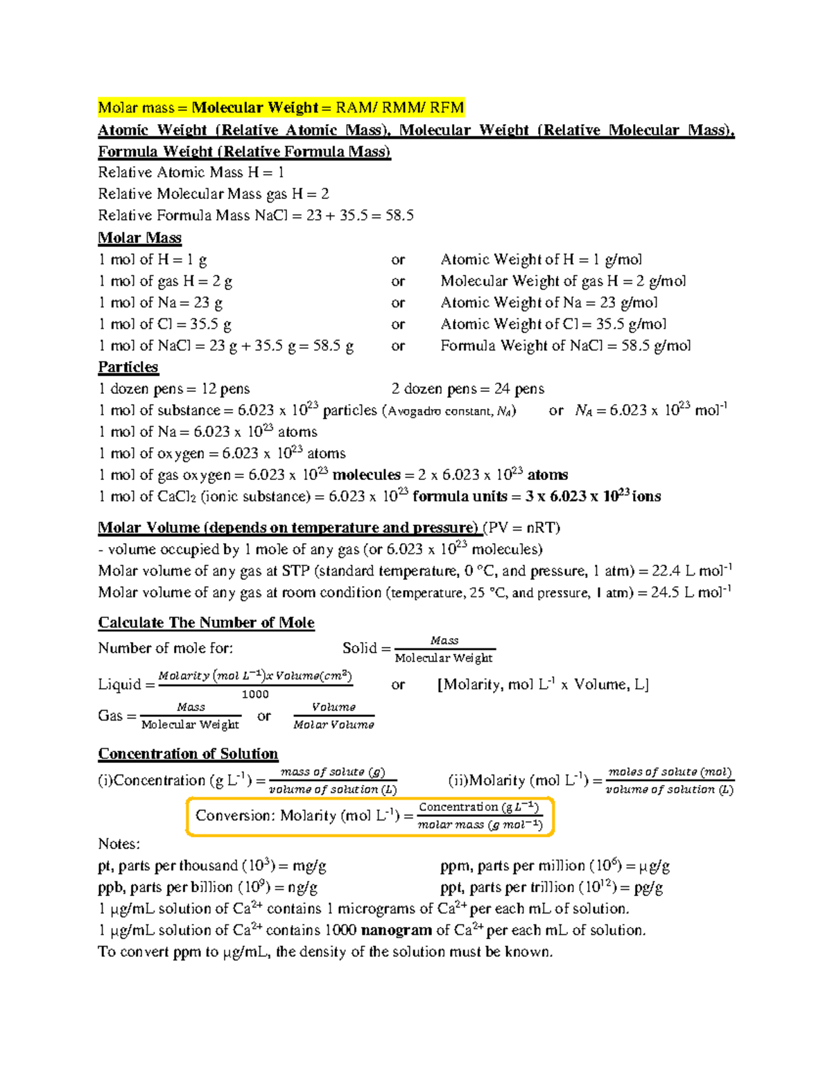 Note 1 - Lecture notes 1 - Molar mass = Molecular Weight = RAM/ RMM ...