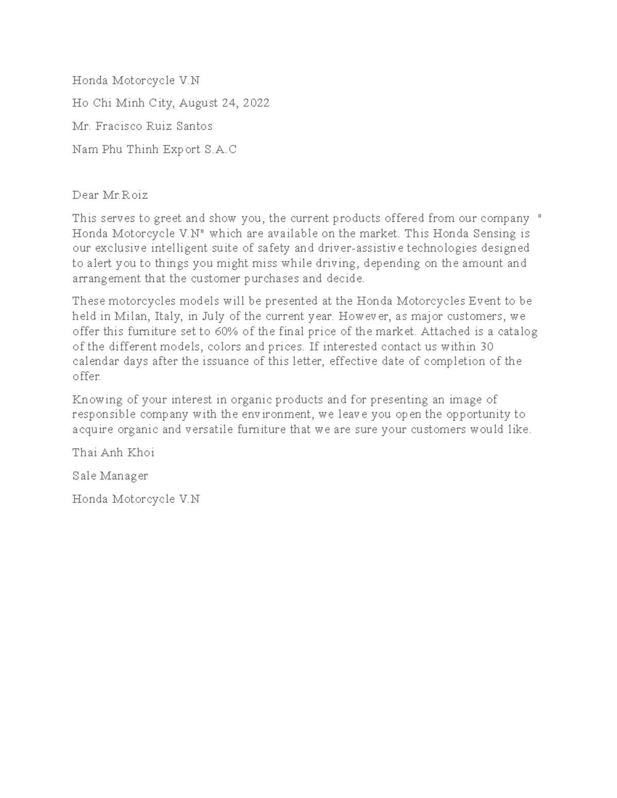 Offer Product Letter - Honda Motorcycle V Ho Chi Minh City, August 24 ...