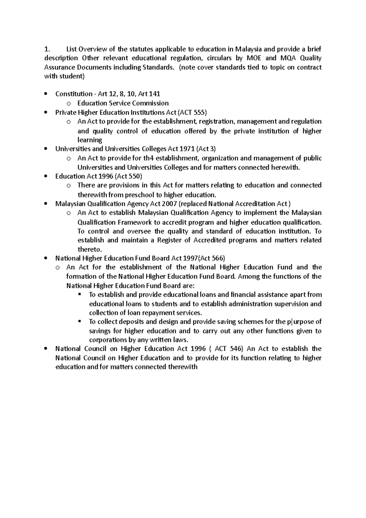 Legal Aspects - Tutor 1 - List Overview of the statutes applicable to ...