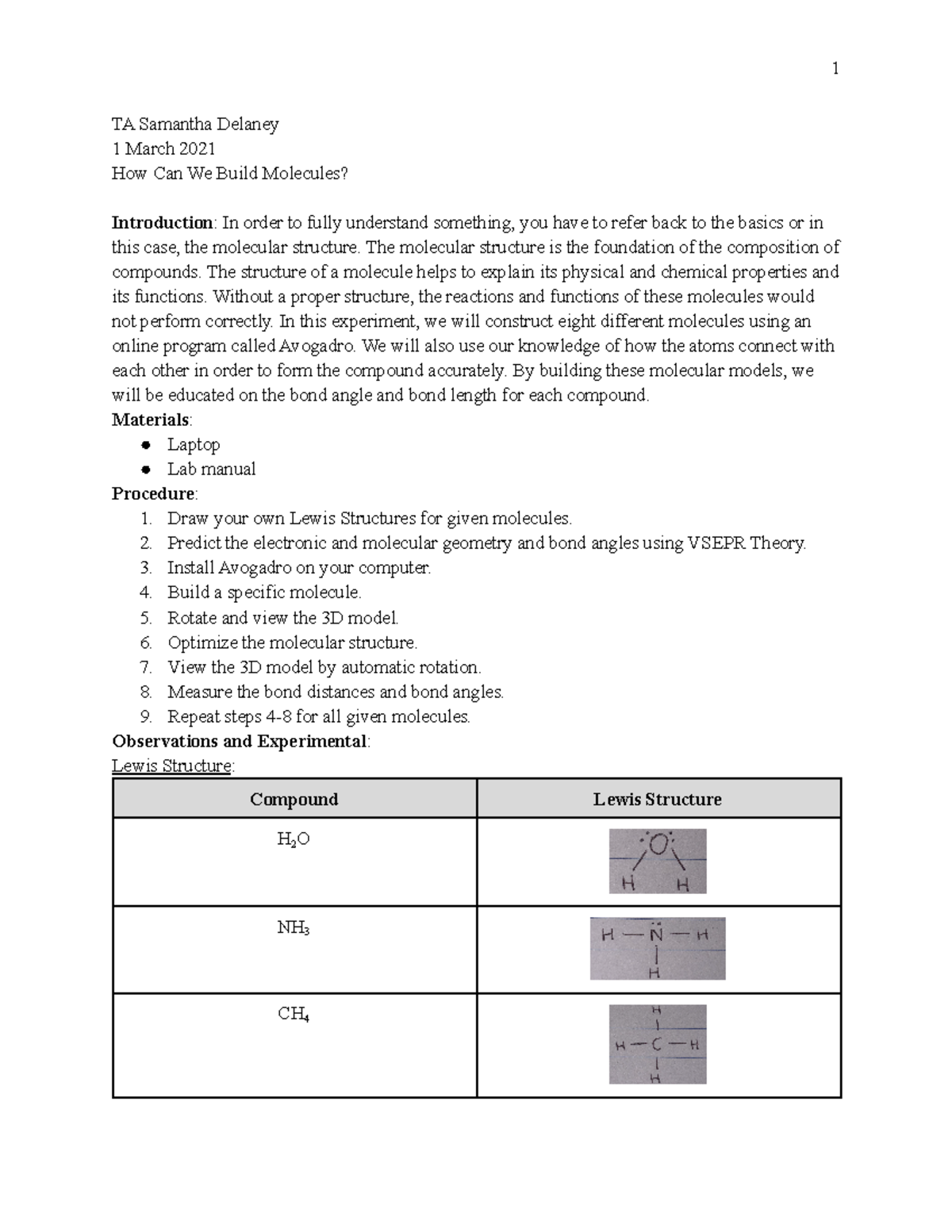 CHEM 106-06 LAB 5 - Lab report - TA Samantha Delaney 1 March 2021 How ...