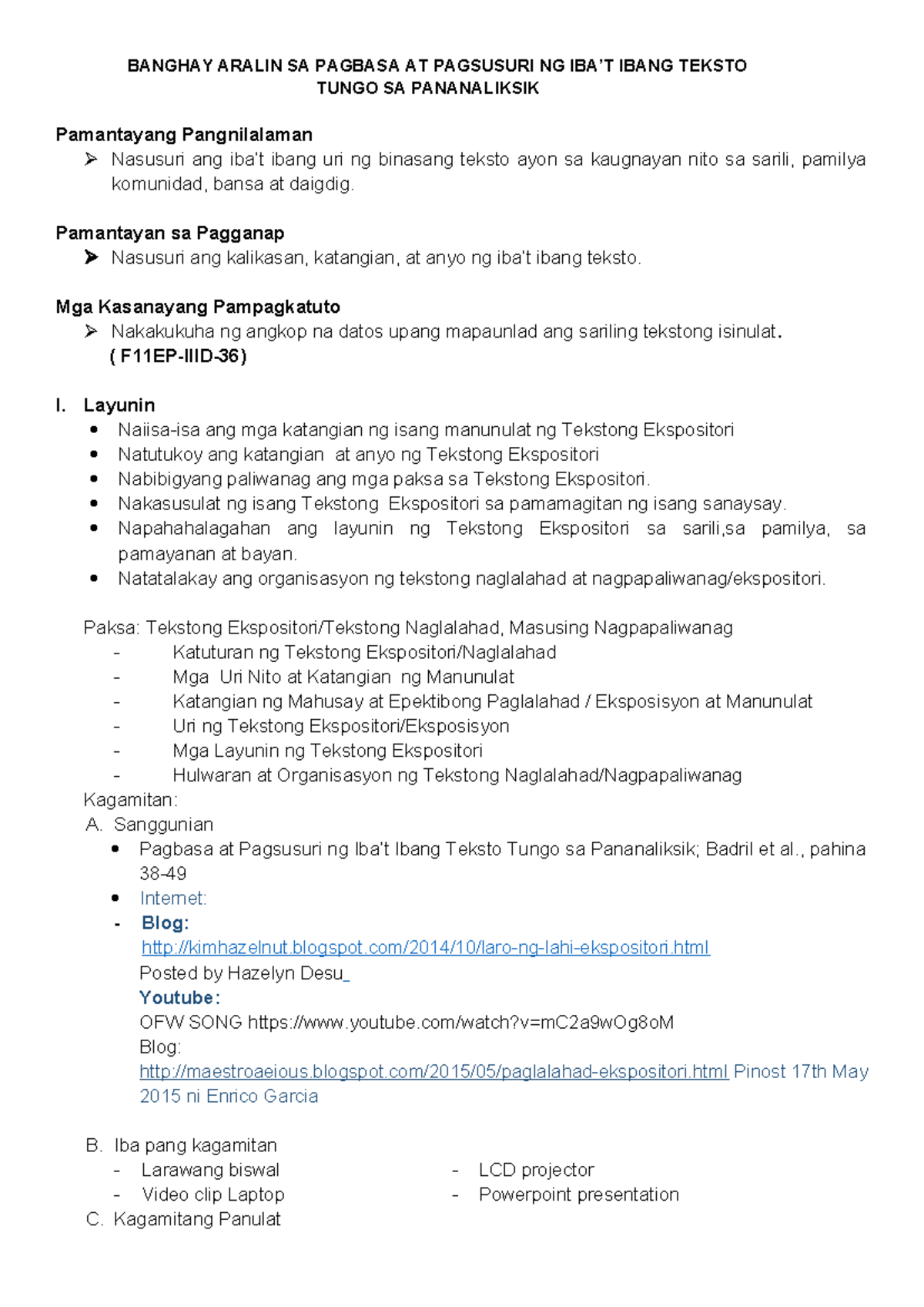 8 LE- Tekstong Ekspositori - BANGHAY ARALIN SA PAGBASA AT PAGSUSURI NG IBA’T IBANG TEKSTO TUNGO ...