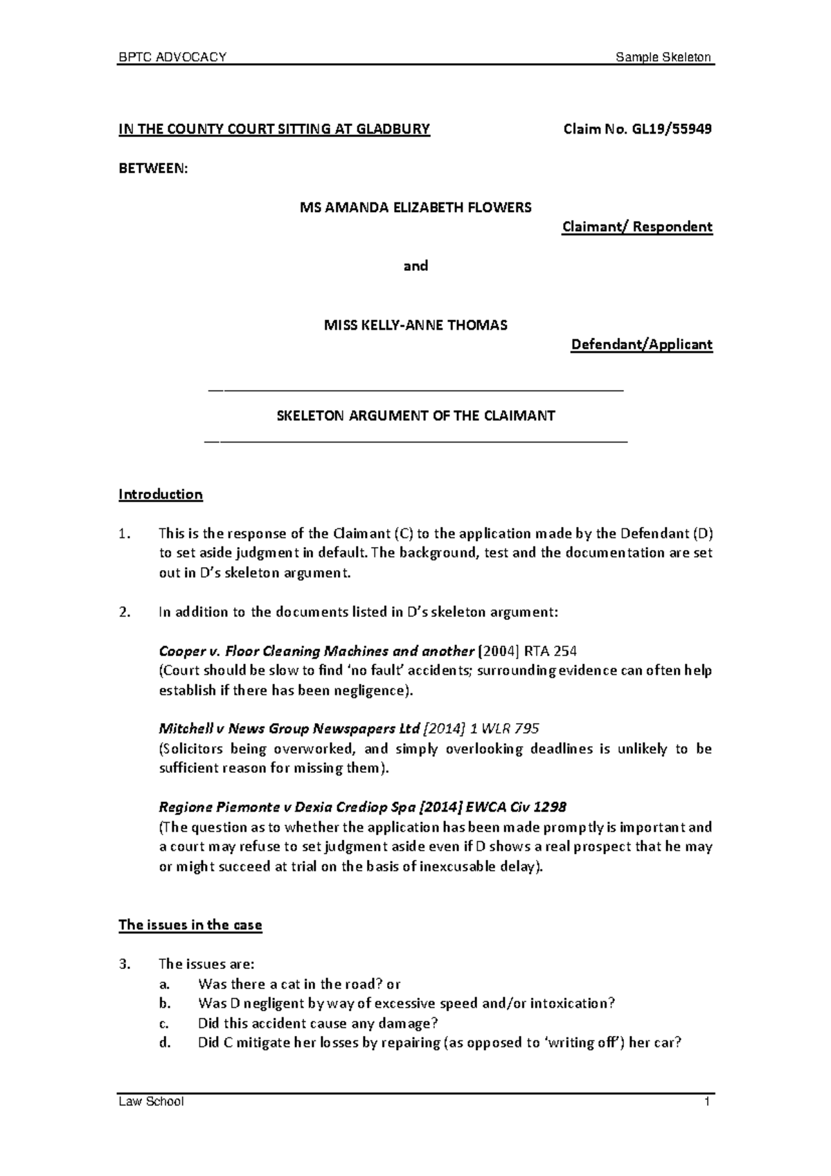 Set Aside (C) Skeleton - IN THE COUNTY COURT SITTING AT GLADBURY Claim ...