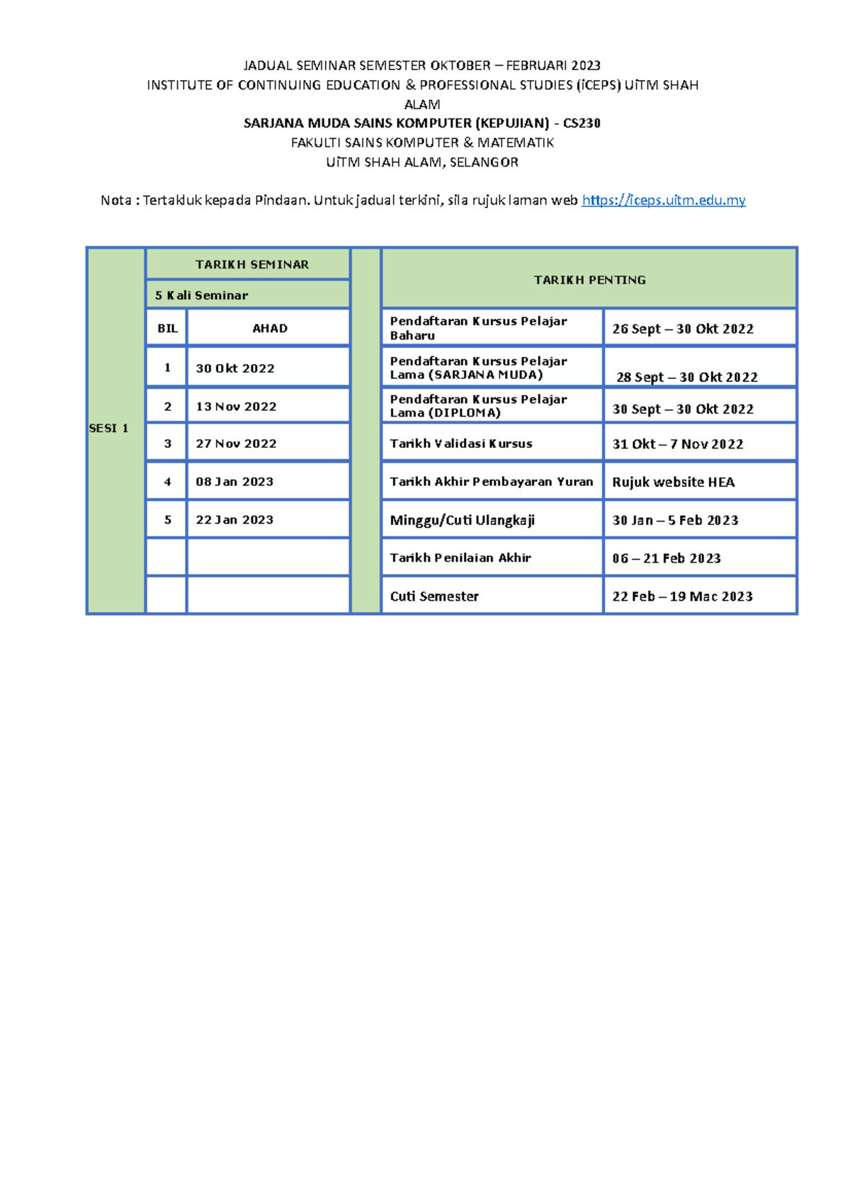 CS230 - test1 - JADUAL SEMINAR SEMESTER OKTOBER – FEBRUARI 2023 ...