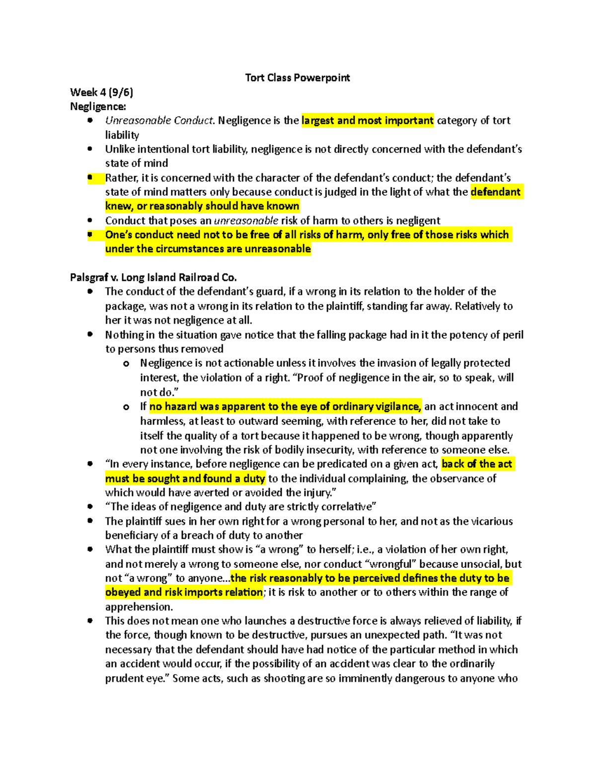 Tort Class Powerpoint - Tort Class Powerpoint Week 4 (9/6) Negligence ...