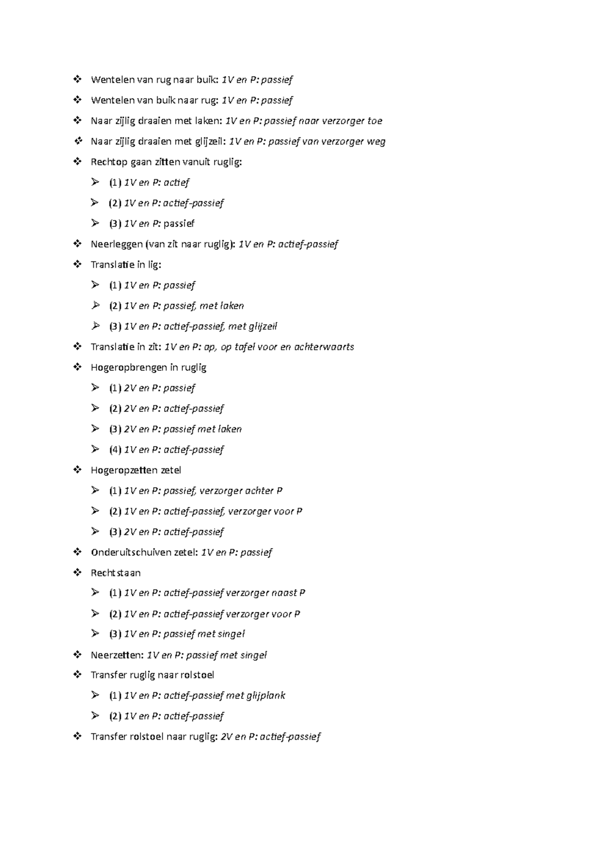Hef en til overzicht - Wentelen van rug naar buik: 1V en P: passief ...