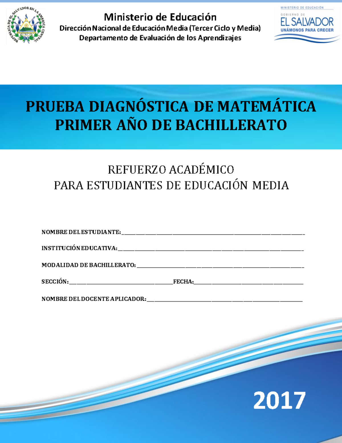 Prueba Diagnóstica- Matemática -Primer Año Bachillerato - 2017 - PRUEBA DIAGN”STICA DE MATEM ...