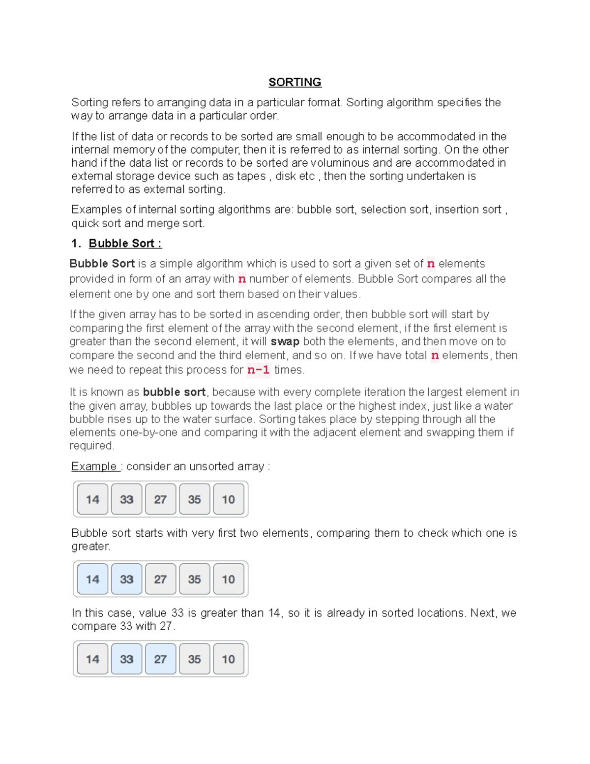 64722 bubble 20sort20note - SORTING Sorting refers to arranging data in a particular format ...