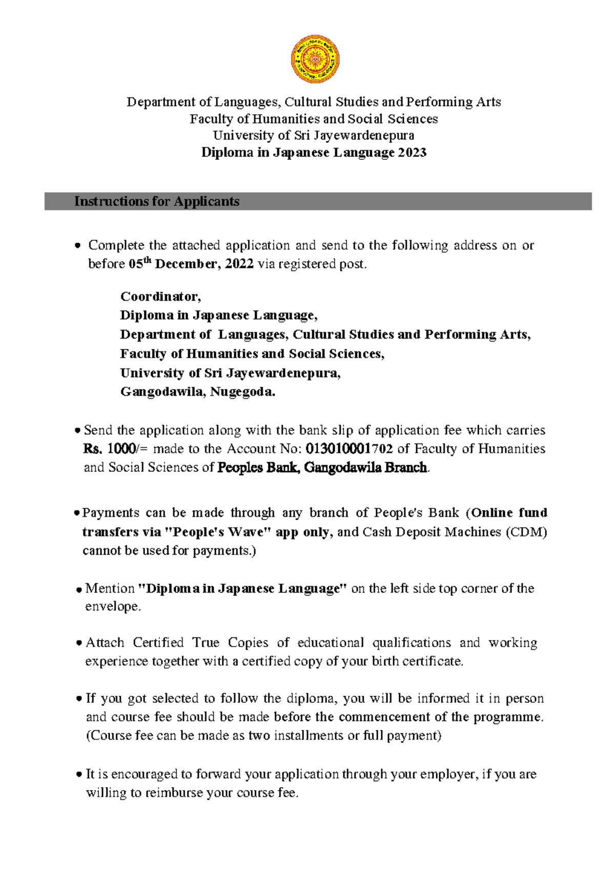 Application Form for Diploma in Japanese Language 2023 - Department of ...