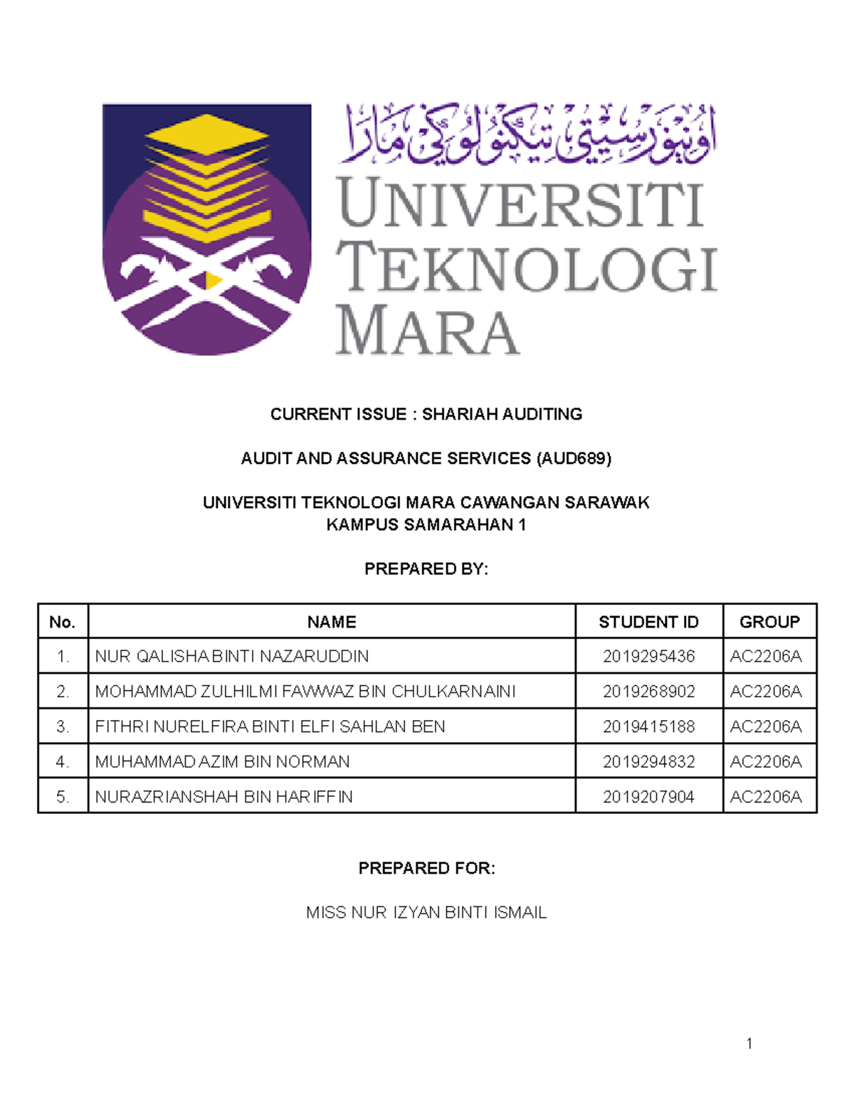 AUD689 Shariah Audit Report - CURRENT ISSUE : SHARIAH AUDITING AUDIT ...
