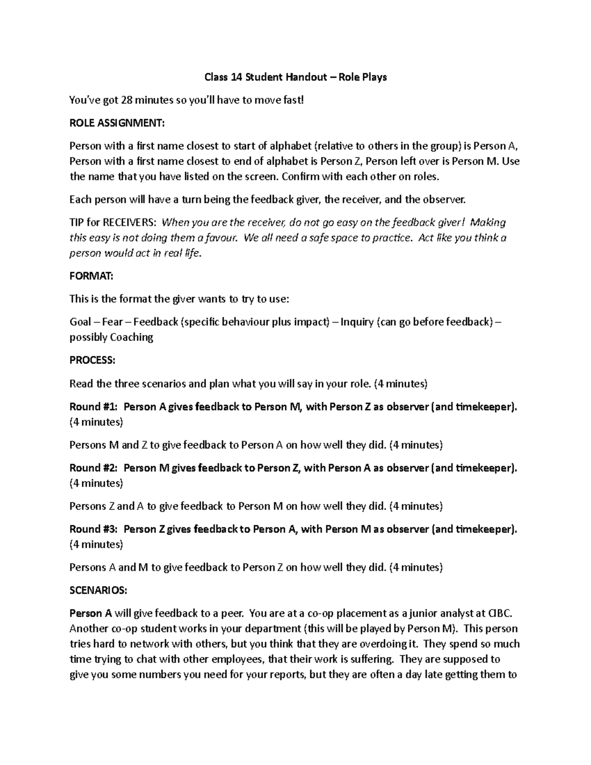 BU354 Class 14 Student Handout Role Plays - Class 14 Student Handout ...