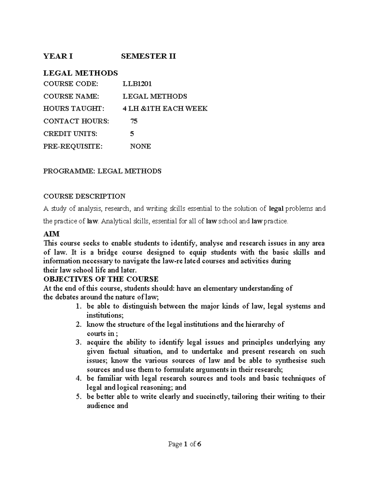 Course Outline Legal Methods - YEAR I SEMESTER II LEGAL METHODS COURSE ...