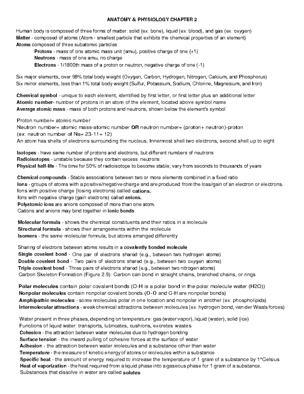 BIOL 2401-Chapter 2 - Chapter 2 Summary - ANATOMY & PHYSIOLOGY CHAPTER ...