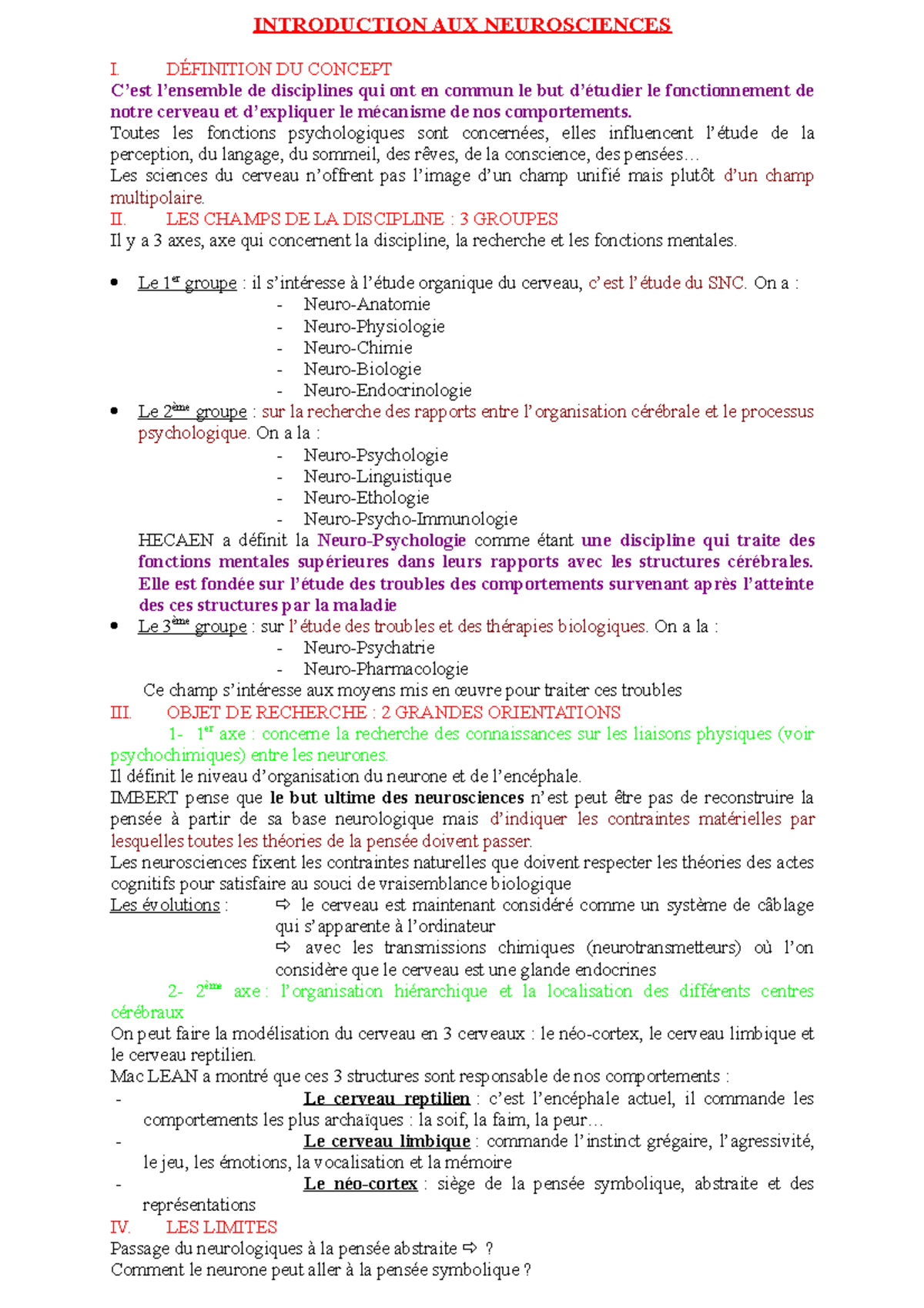 Neurosciences - Staps - INTRODUCTION AUX NEUROSCIENCES I. DÉFINITION DU ...