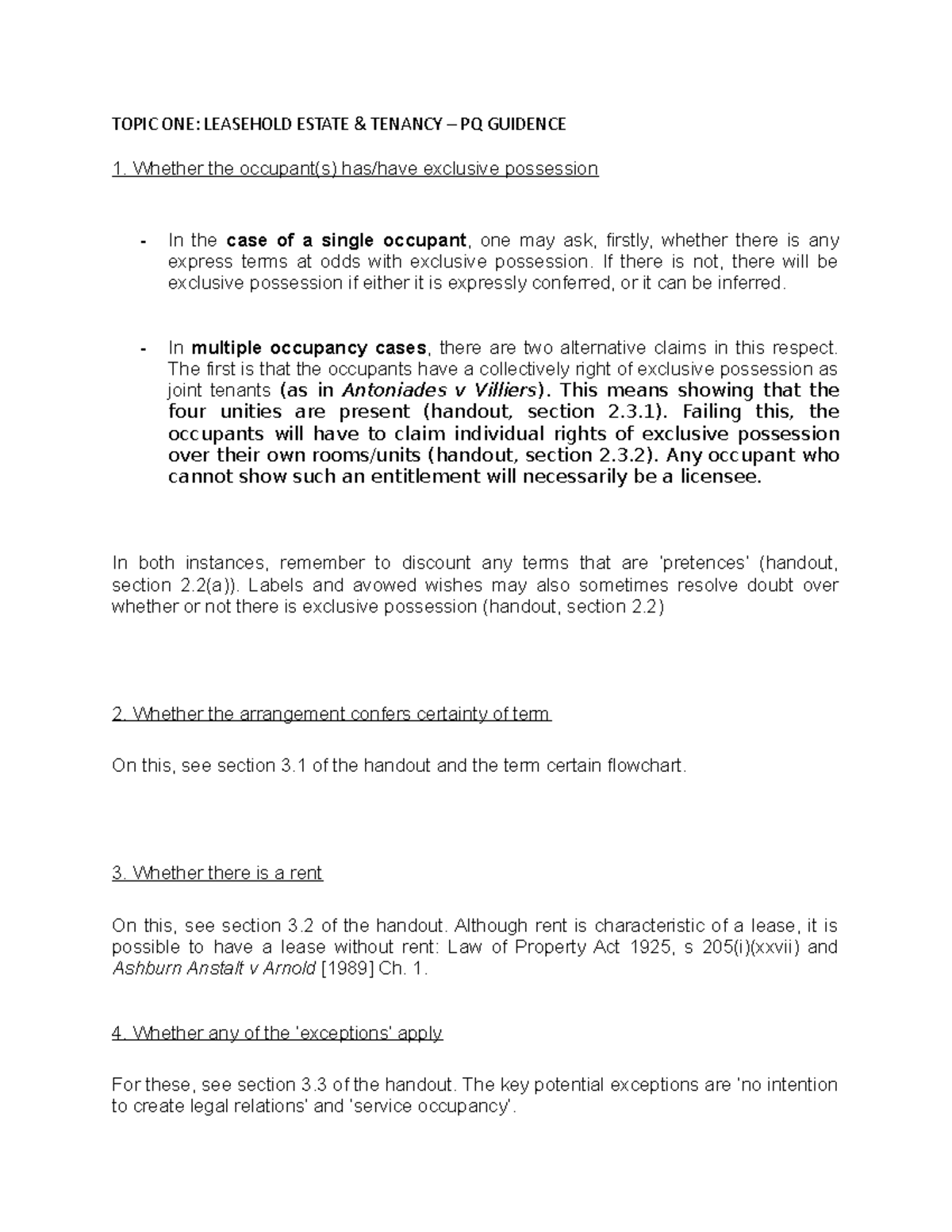 Land Law Problem Question Guidance - TOPIC ONE: LEASEHOLD ESTATE ...