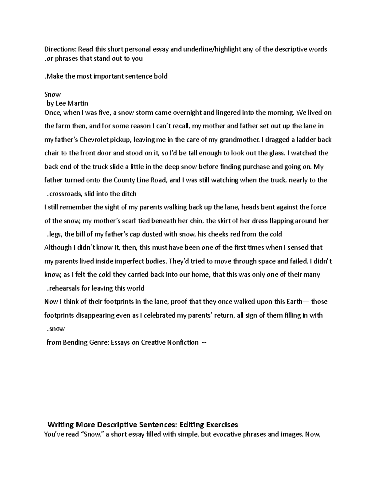 Descriptive Sentences Practice - Directions: Read this short personal ...