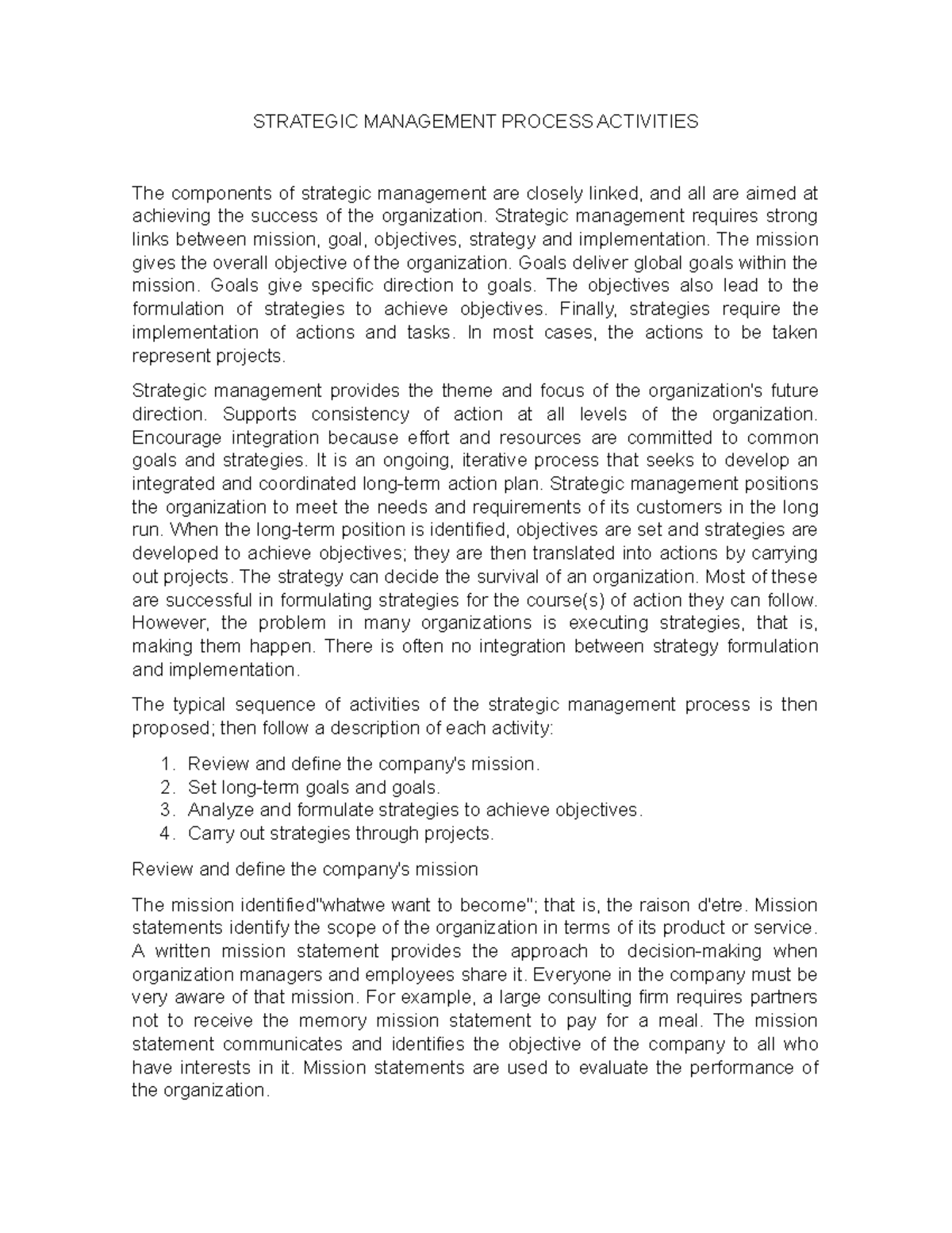 STRATEGIC MANAGEMENT PROCESS ACTIVITIES - Strategic management requires ...