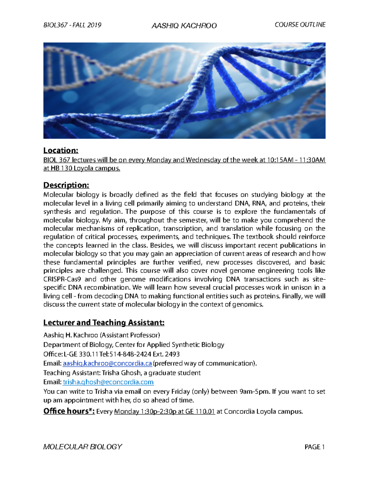 BIOL367 Fall2019 course outline - Location: BIOL 367 lectures will be ...