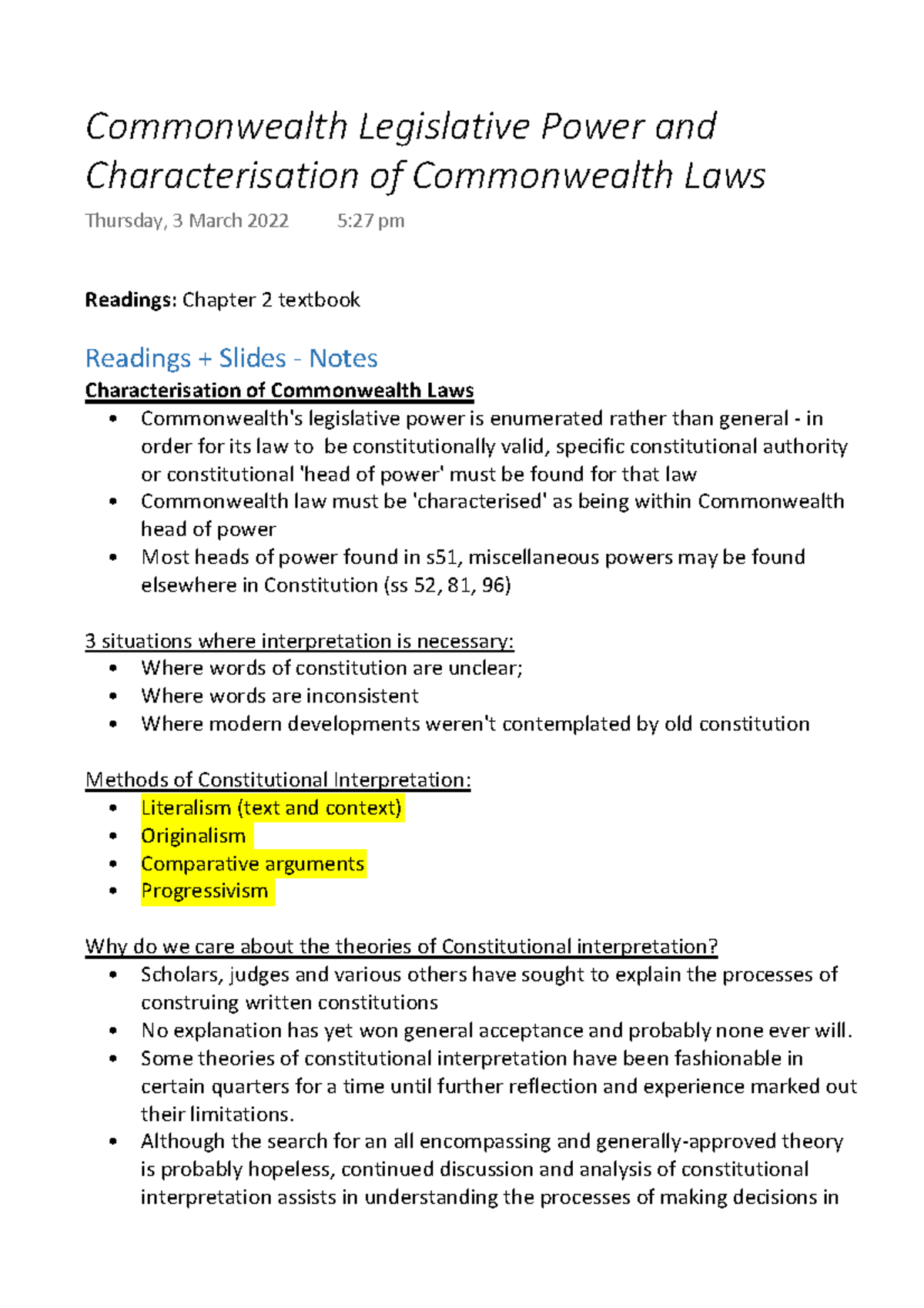 Commonwealth Legislative Power and Characterisation of Commonwealth ...