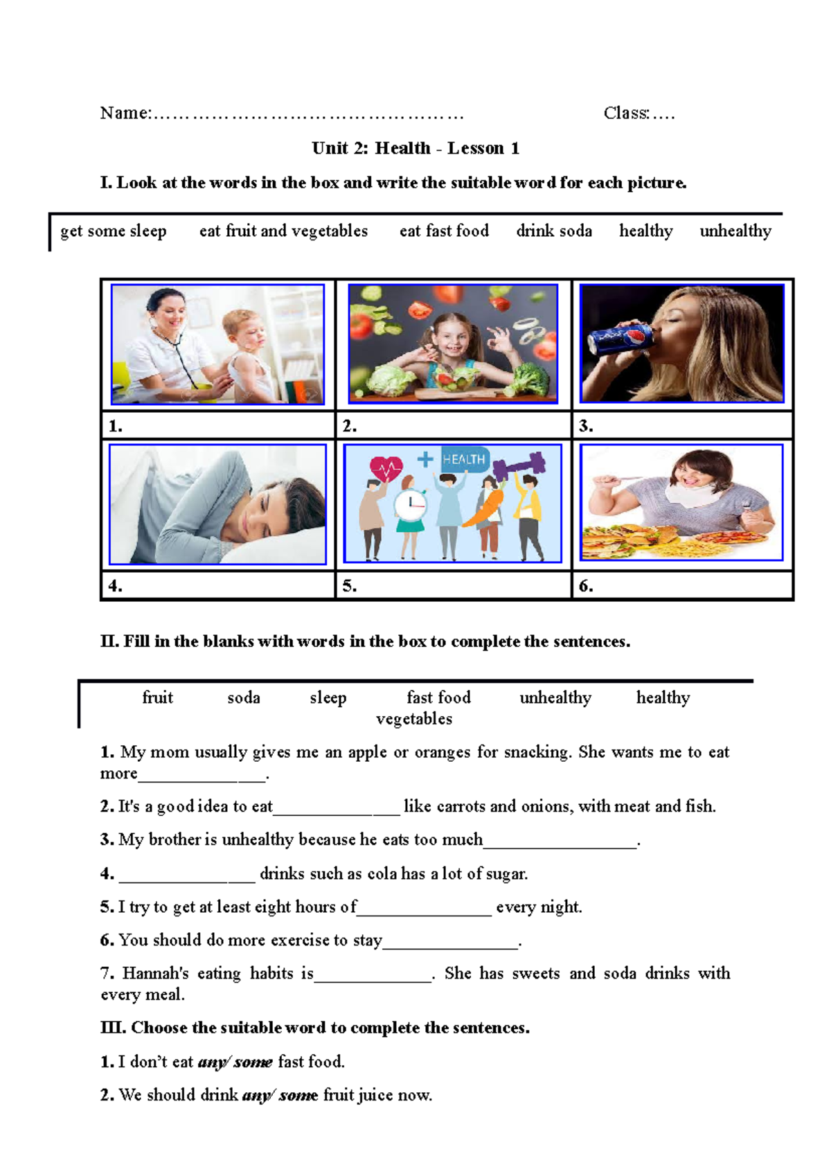 Bài tập Unit 2 Health - Lesson 1 SW 7 - Name