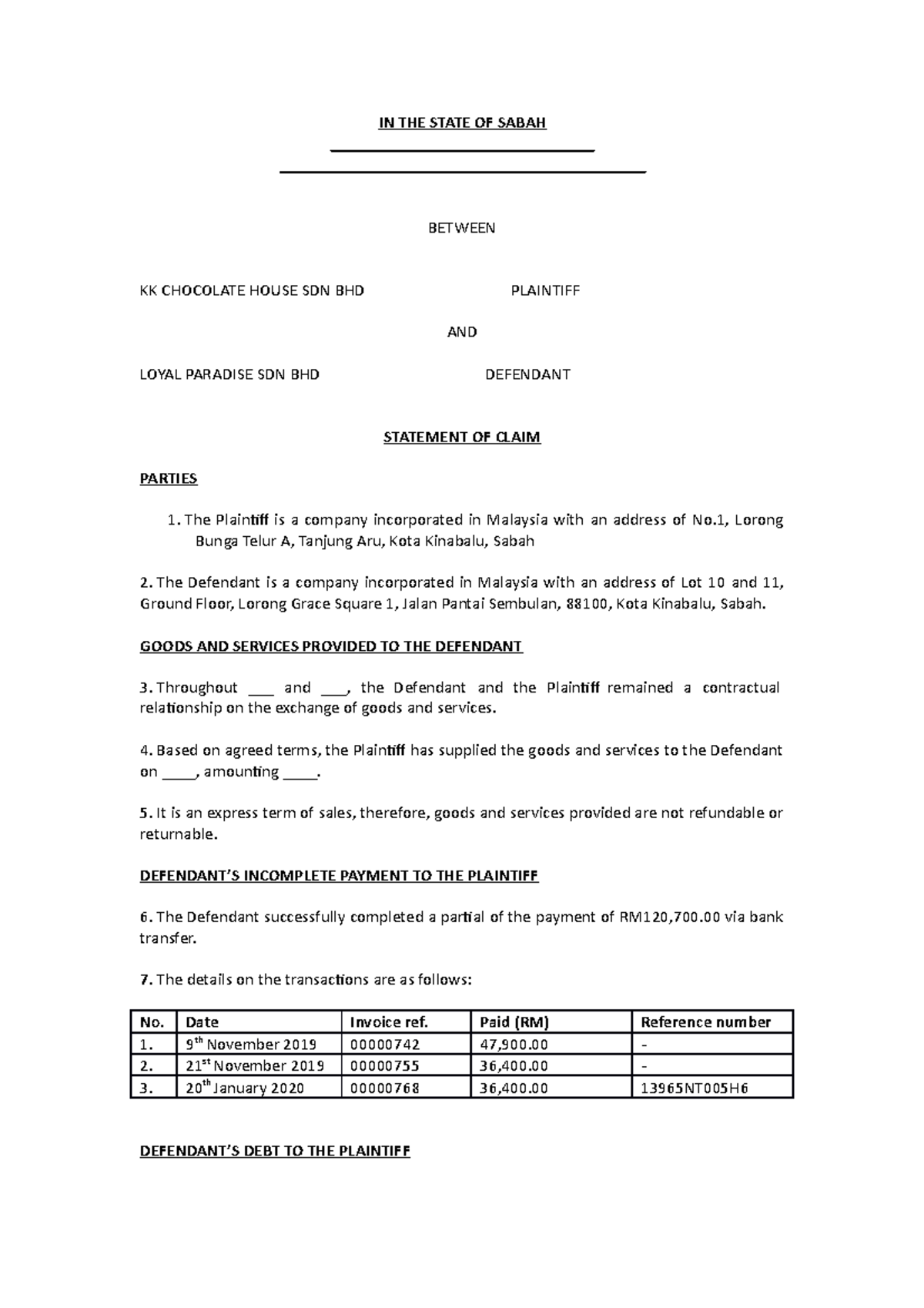 Statement of Claim Draft - City - Studocu