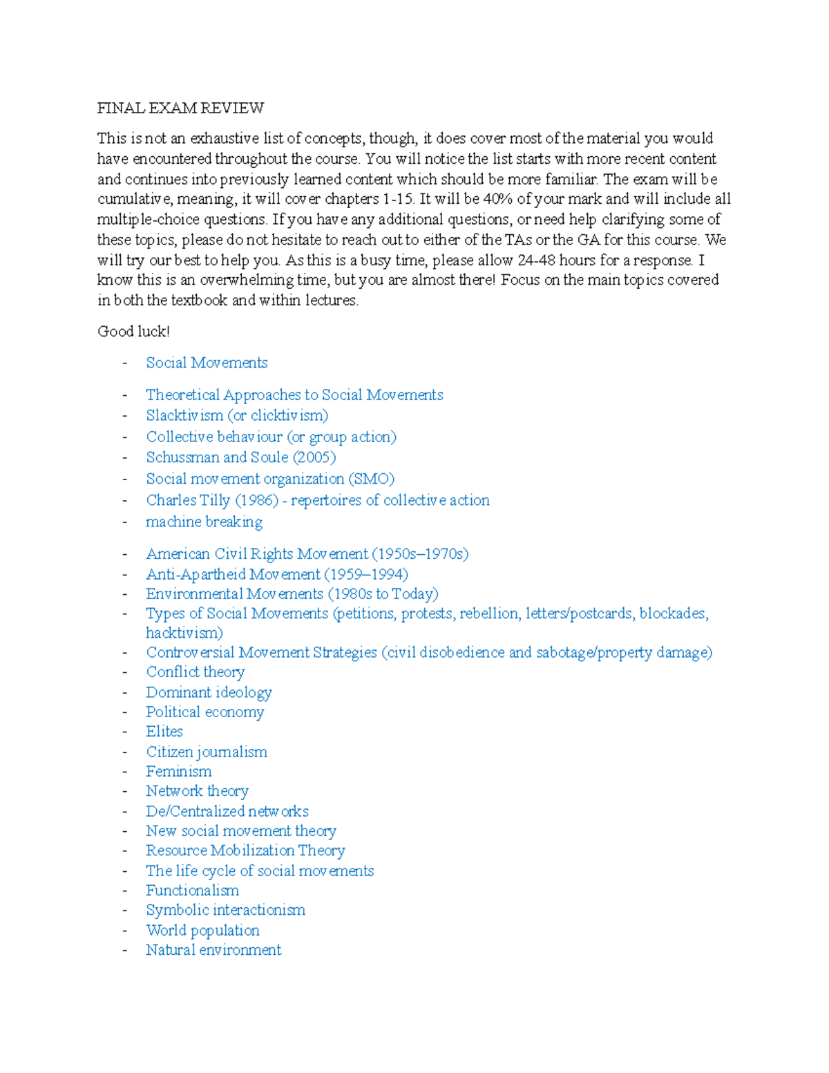 EXAM Review - FINAL EXAM REVIEW This is not an exhaustive list of ...