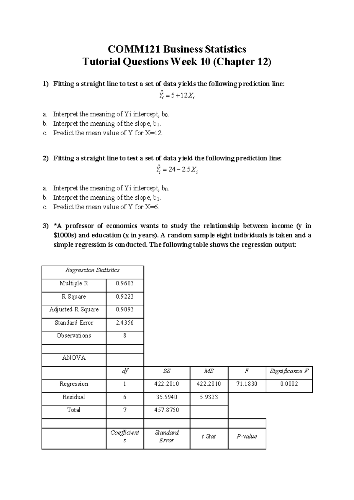 Tutorial Questions - Week 10 - COMM121 Business Statistics Tutorial Questions Week 10 (Chapter ...