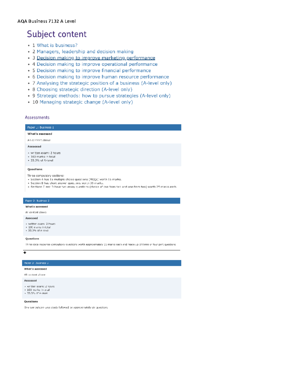 AQA Course summary - AQA Business - AQA Business 7132 A Level - Studocu