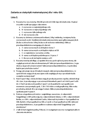 Statystyka mat., lista 3 - Zadania ze statystyki matematycznej dla I roku GiK. Lista 3. Punkt ...
