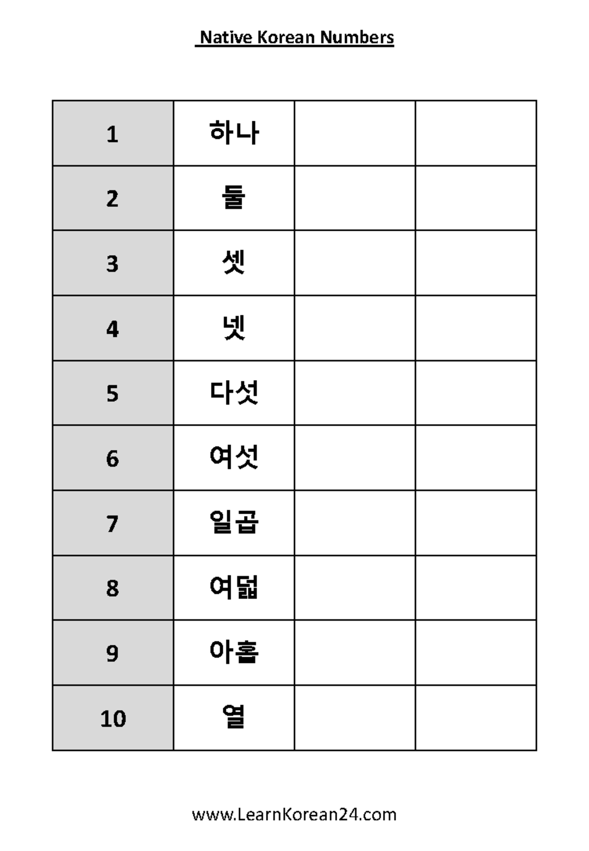 Worksheet Native Korean Numbers - Thực hành tiếng B1 - 1 하나 2 둘 3 셋 4 넷 ...