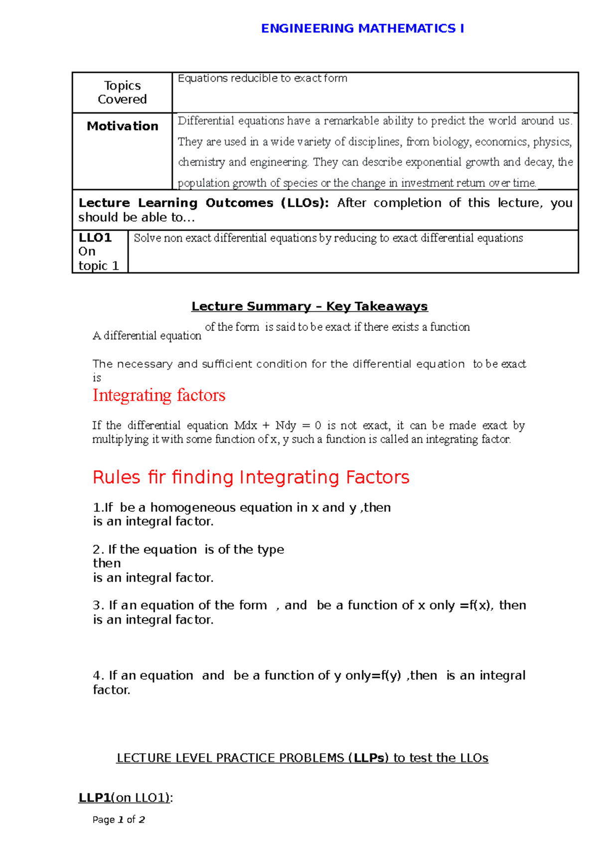 Equations reducible to exact form - ENGINEERING MATHEMATICS I Topics ...