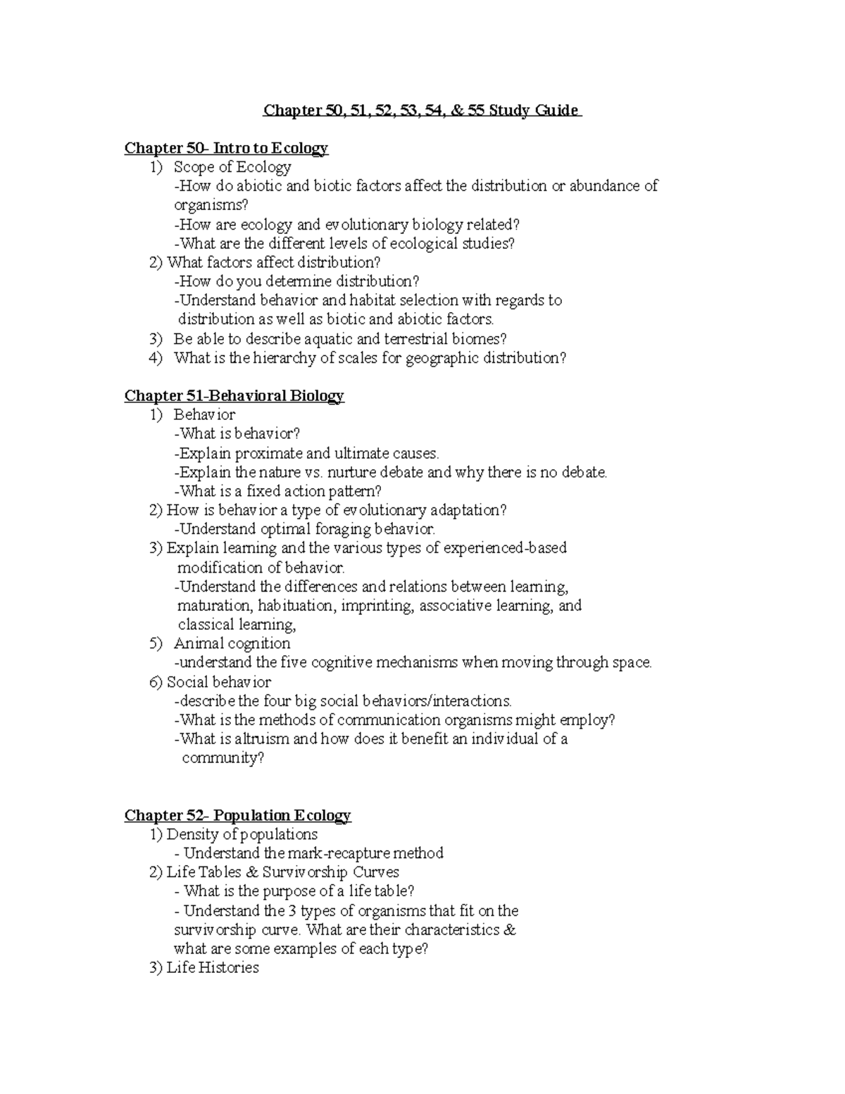 Ecology Study Guide 50-55 - Chapter 50, 51, 52, 53, 54, & 55 Study ...