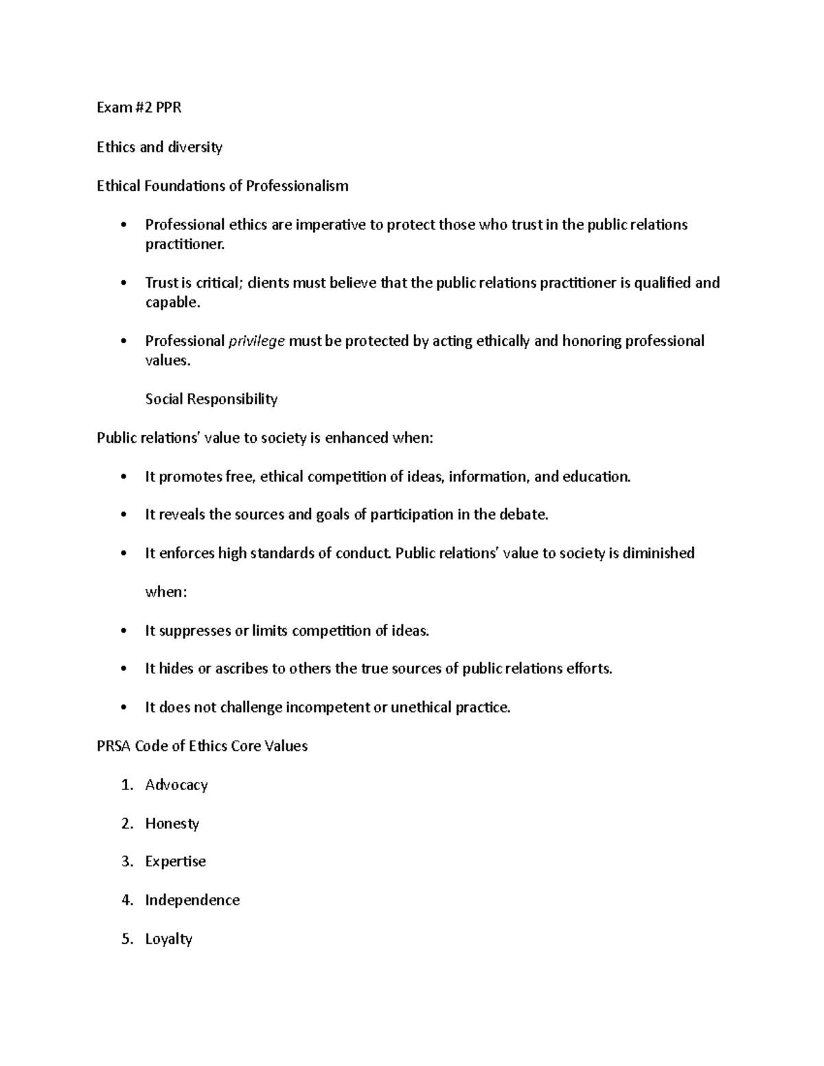 Exam 2 PPR - Exam 2 notes - Exam #2 PPR Ethics and diversity Ethical ...