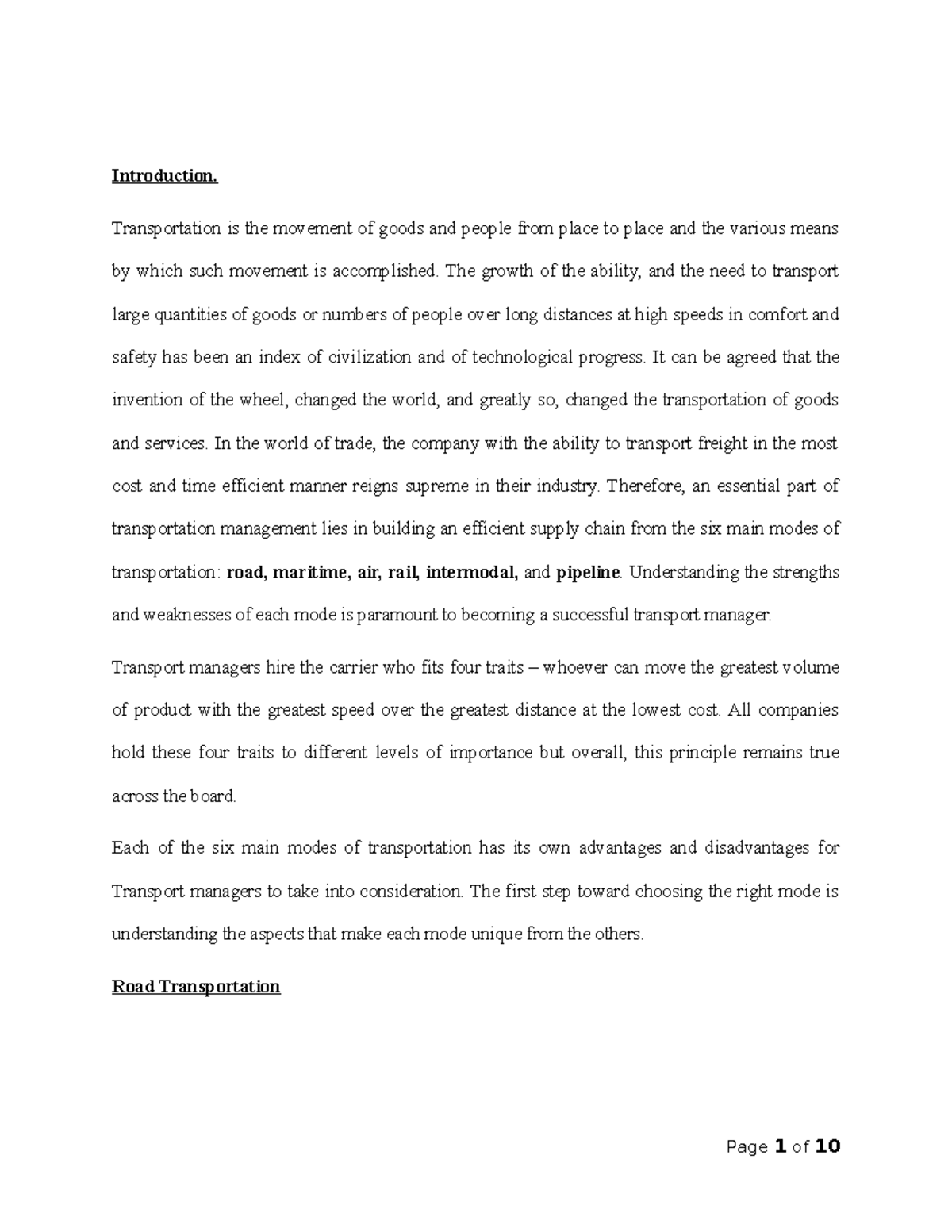 Transport Mgt - notes - Introduction. Transportation is the movement of ...