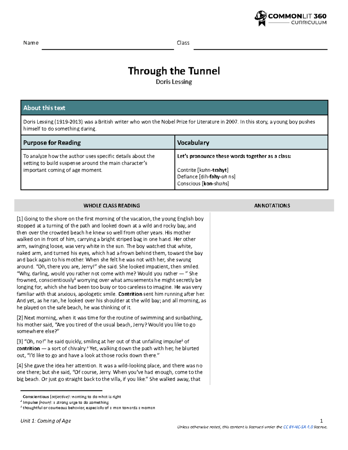 Through the Tunnel Edited - Name Class Through the Tunnel Doris Lessing ...
