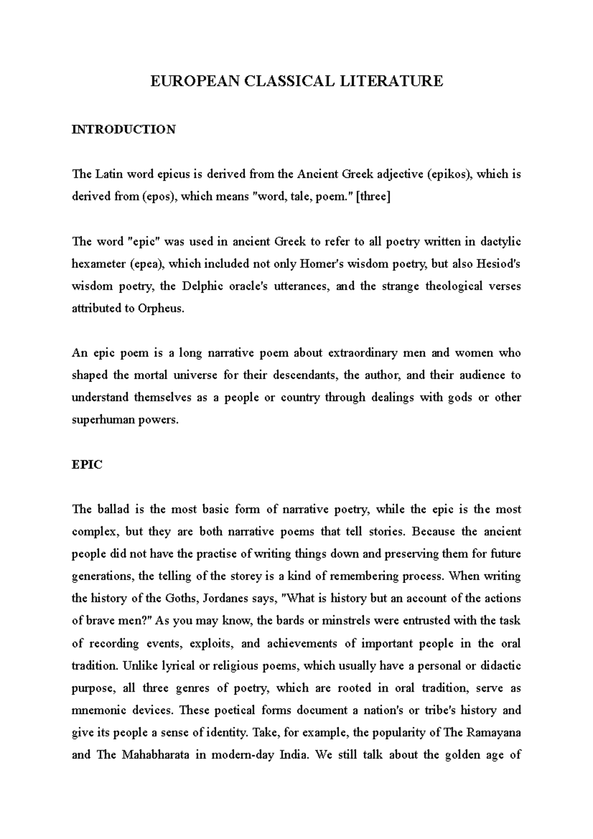 European Classical Literature - EUROPEAN CLASSICAL LITERATURE ...