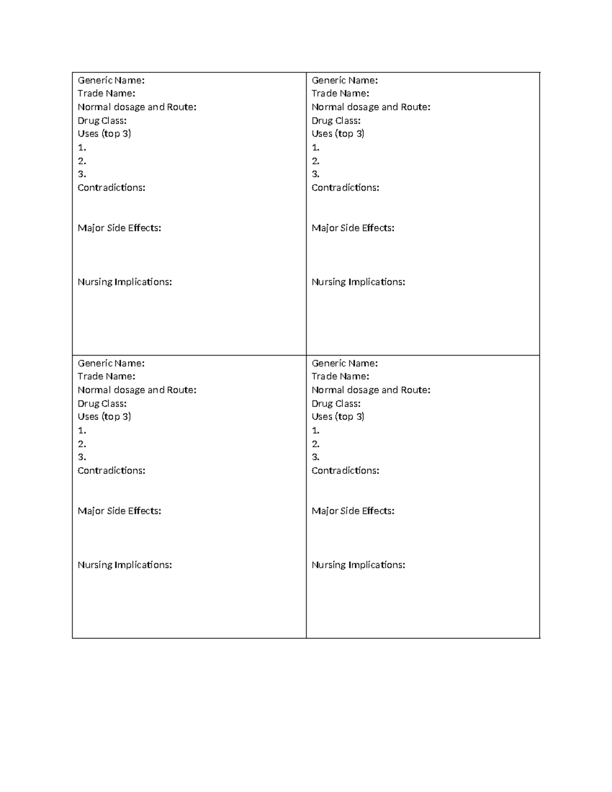 Blank Drug Cards - Generic Name: Trade Name: Normal dosage and Route ...