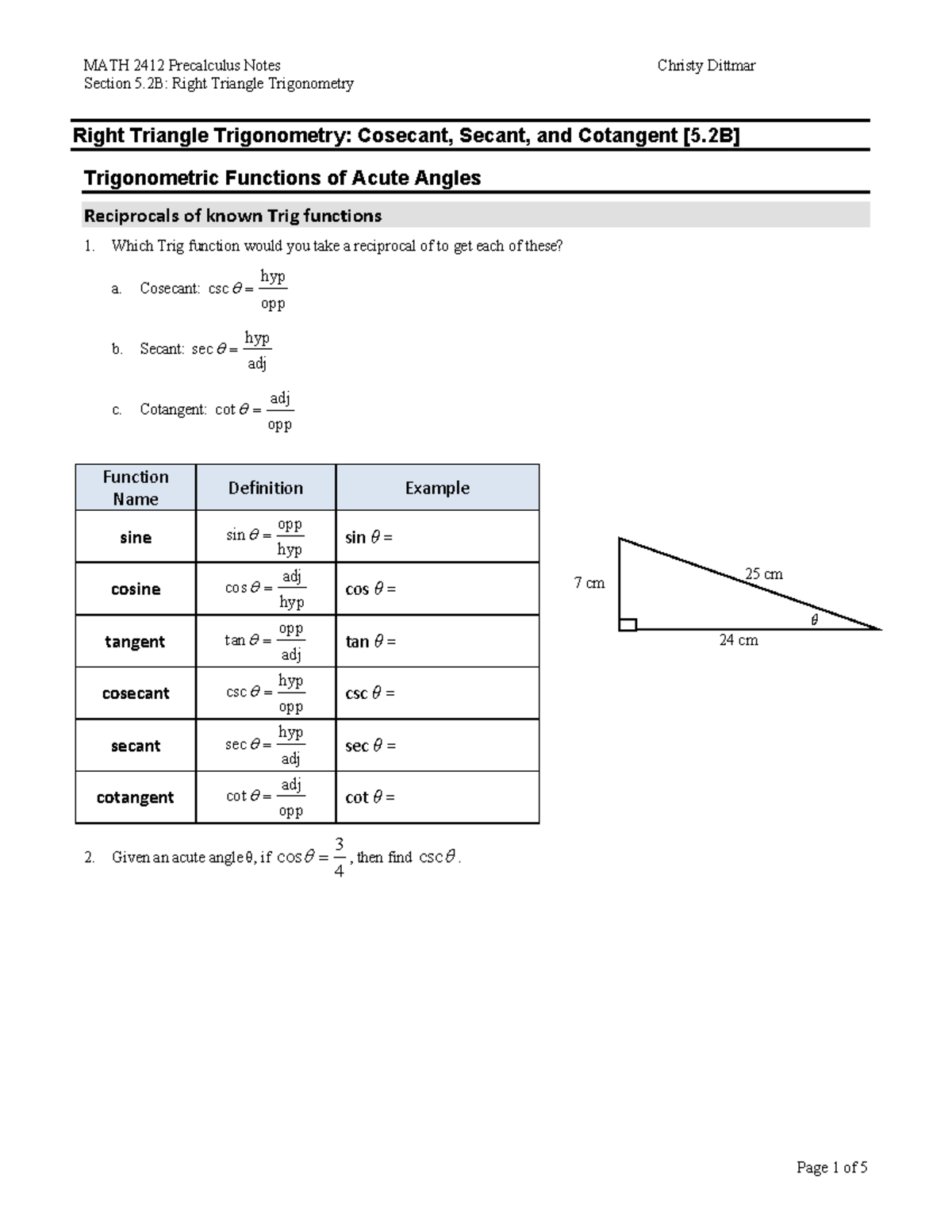 Notes 5-2B Right Triangle Trig Csc Sec Cot Identities - Section 5 ...