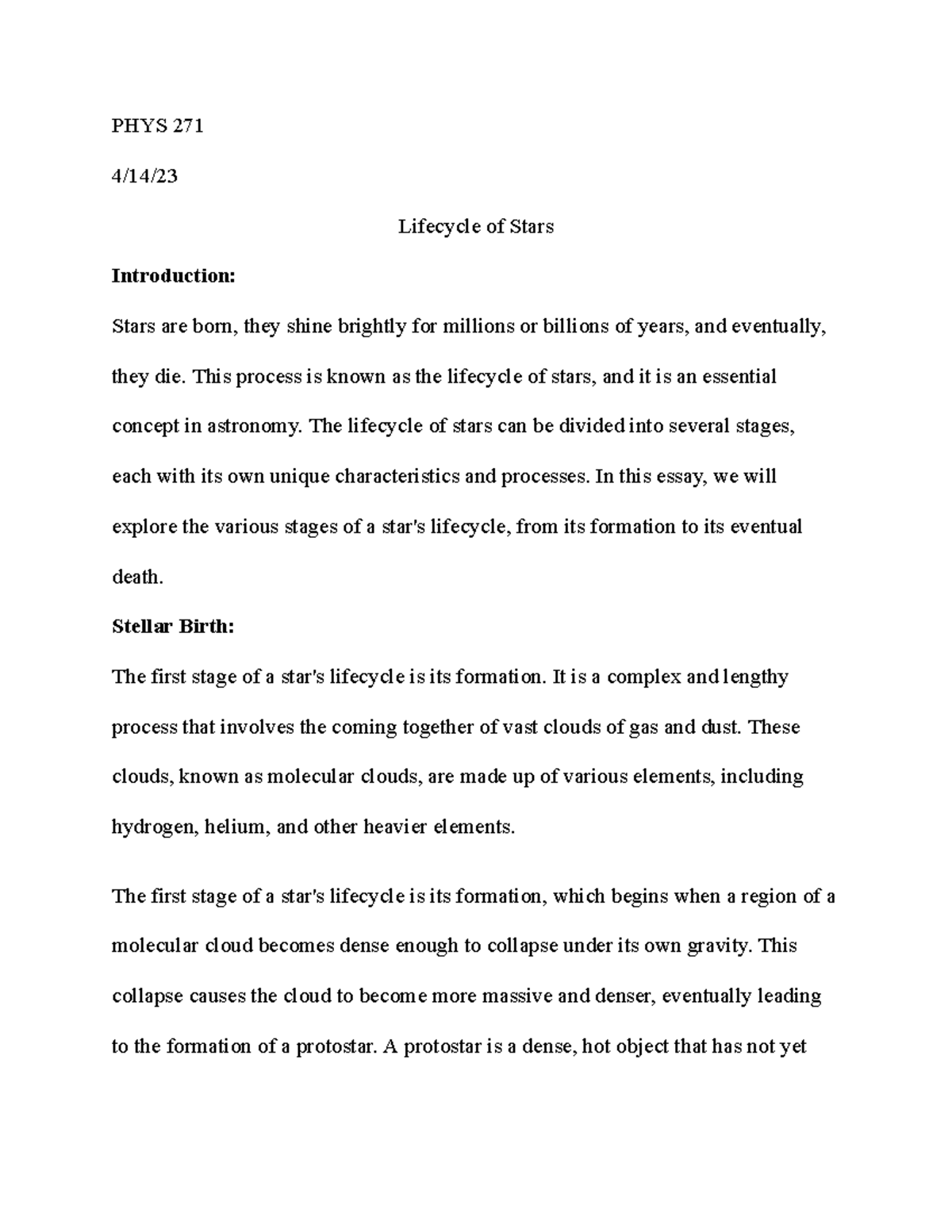 Astronomy Lifecycle of Stars - 4 14 23 - PHYS 271 4/14/ Lifecycle of ...