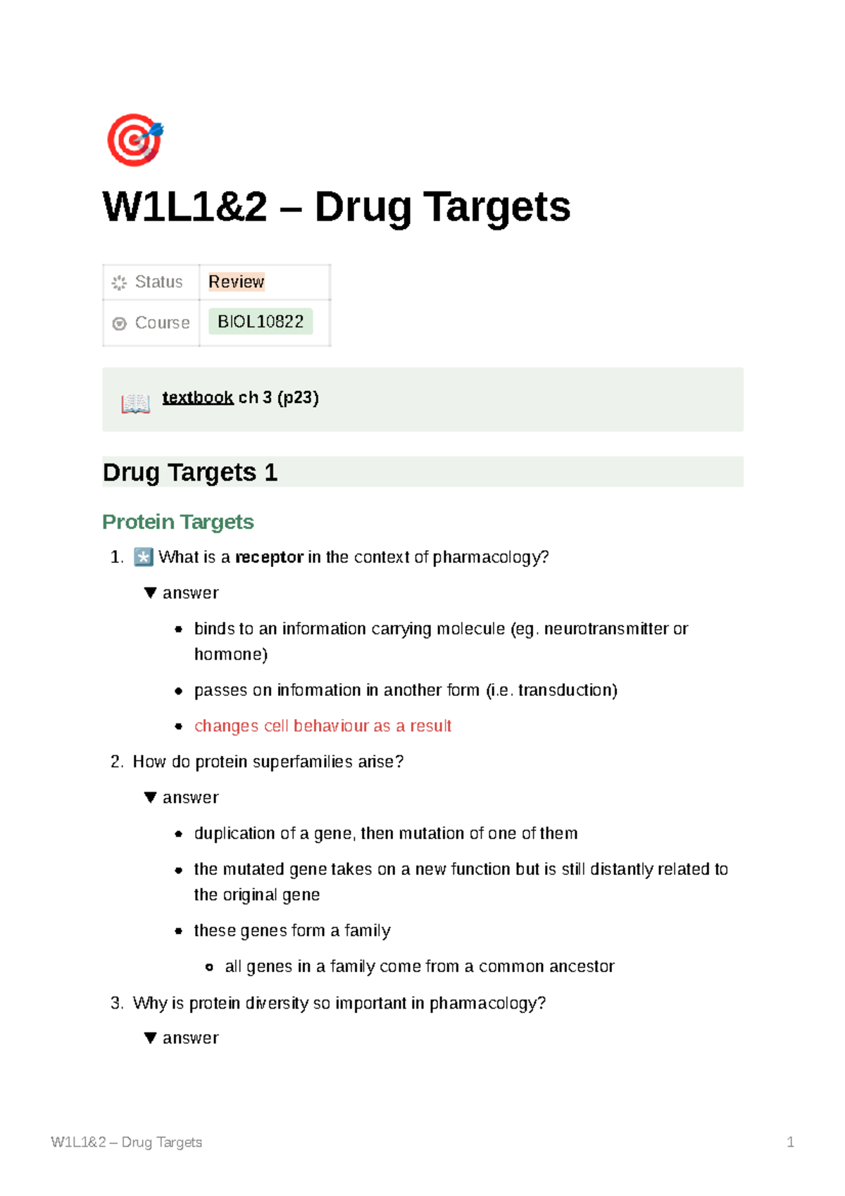 W1L1 and 2 - Drug Targets - W1L1&2 – Drug Targets Status Review Course BIOL Ä textbook ch 3 ...