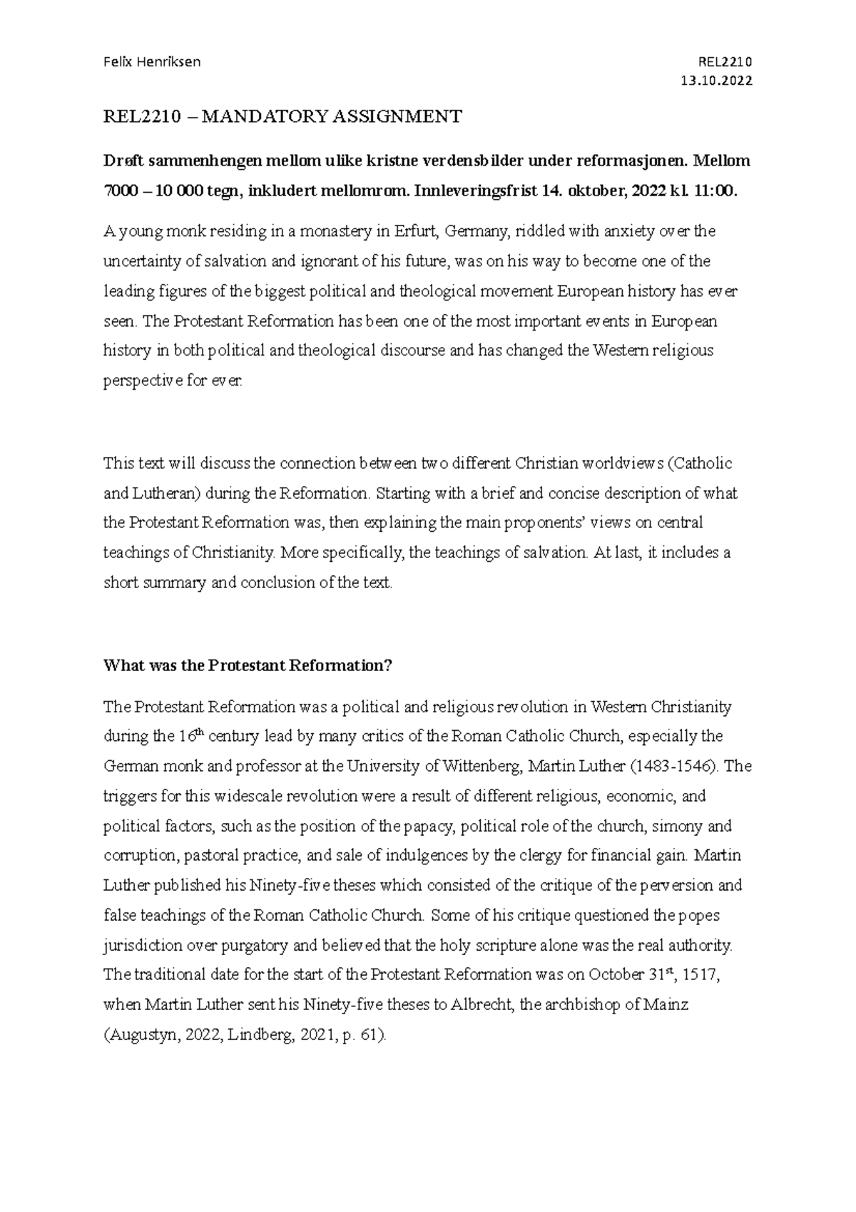 REL2210 - Mandatory Assignment - REL2210 – MANDATORY ASSIGNMENT Drøft ...