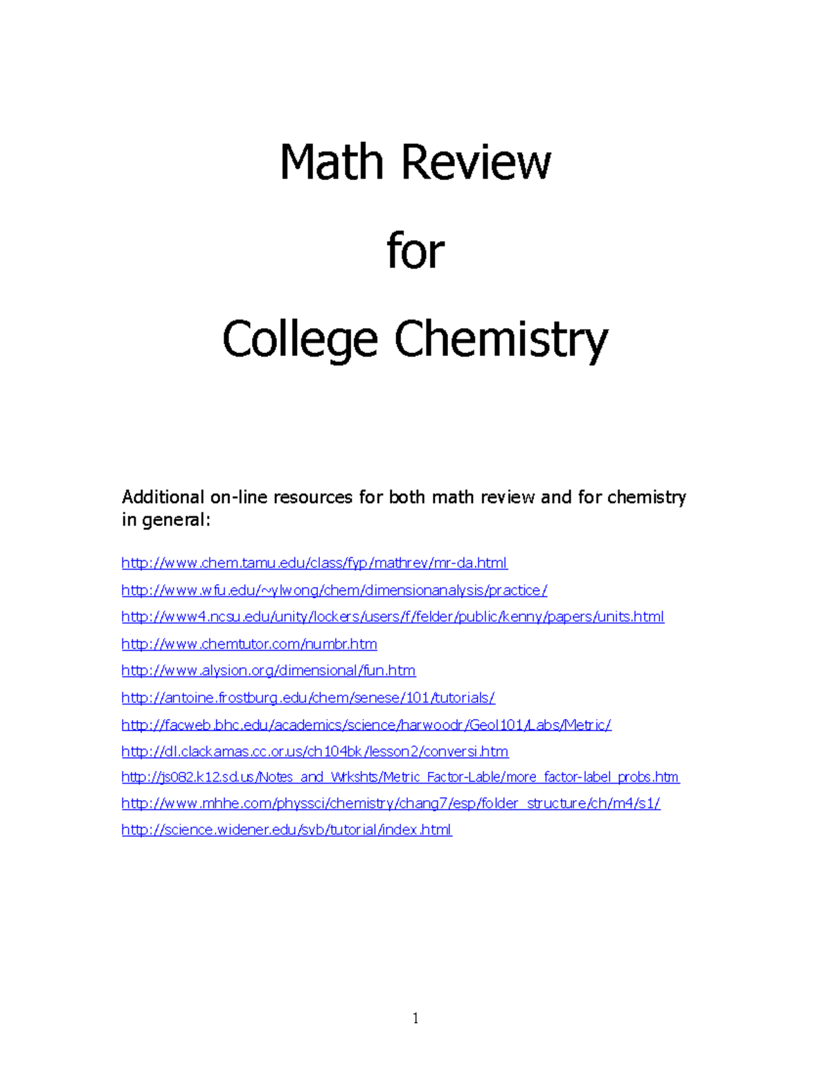 Math Review - Math Review for College Chemistry Additional on-line ...