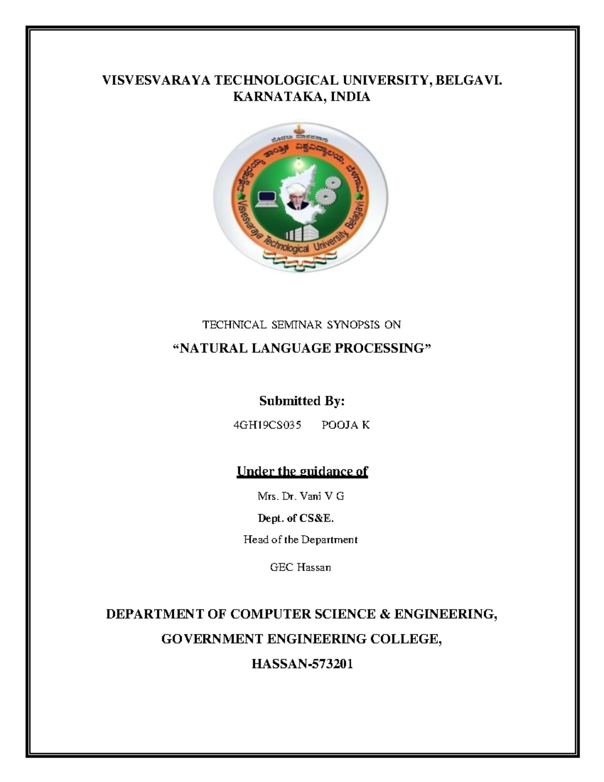 Nlp synopsis - information - VISVESVARAYA TECHNOLOGICAL UNIVERSITY, BELGAVI. KARNATAKA, INDIA ...