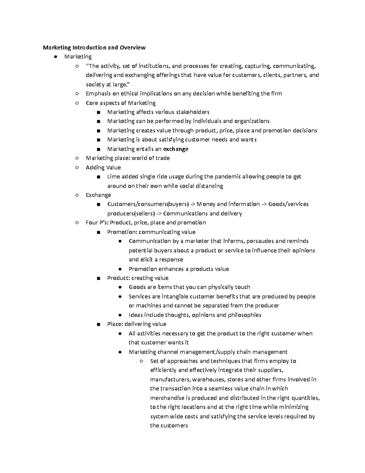 Marketing 307 - Marketing Introduction and Overview Marketing “The ...