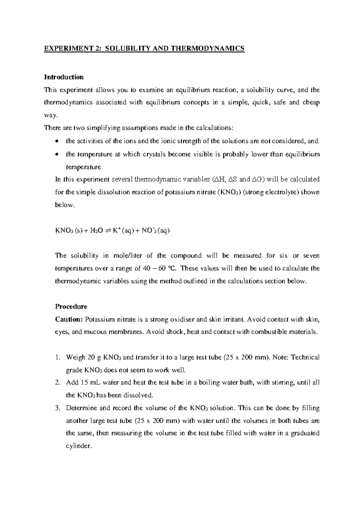 Experiment 2 - Solubility and Thermodynamics - EXPERIMENT 2: SOLUBILITY ...