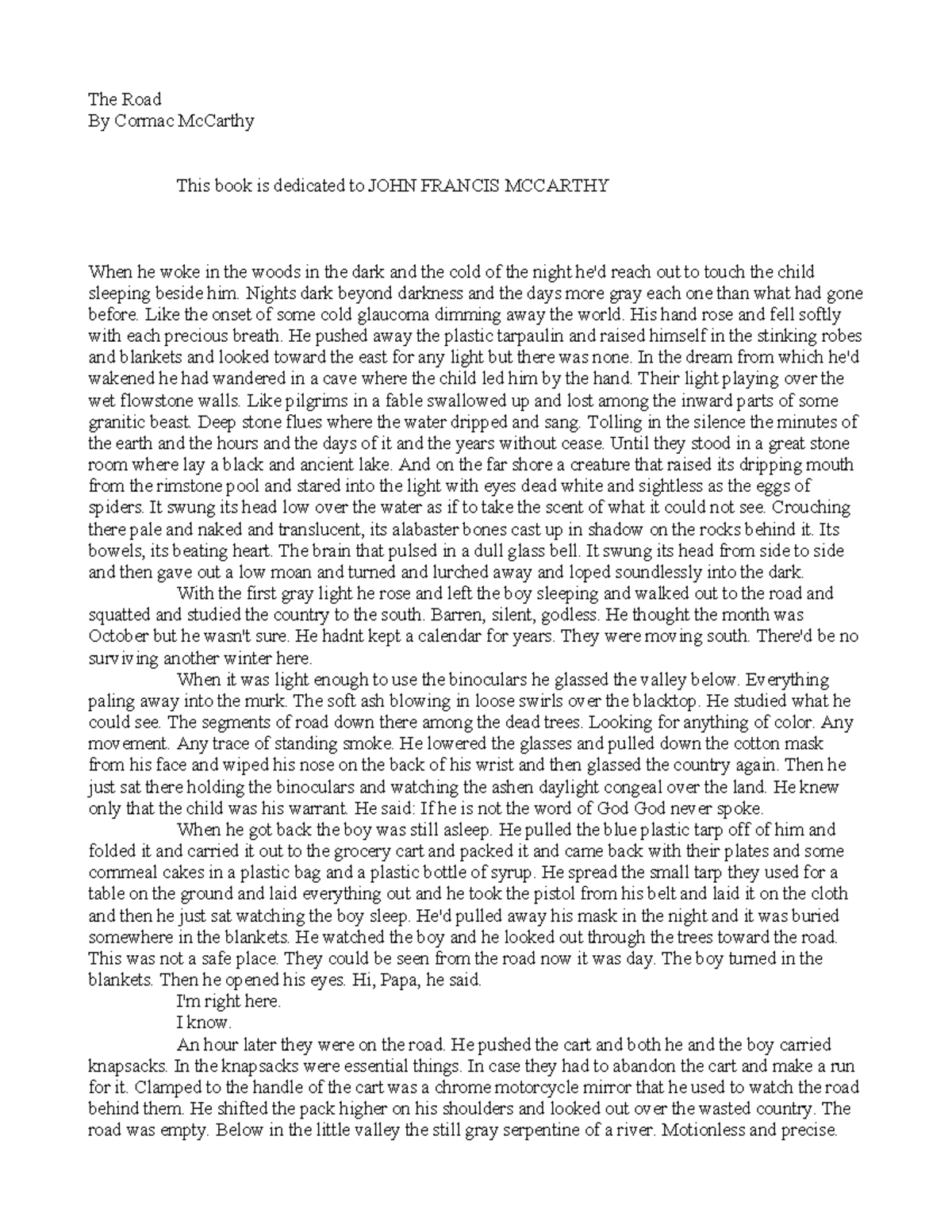 The road - text - The Road by Cormac McCarthy - The Road By Cormac ...