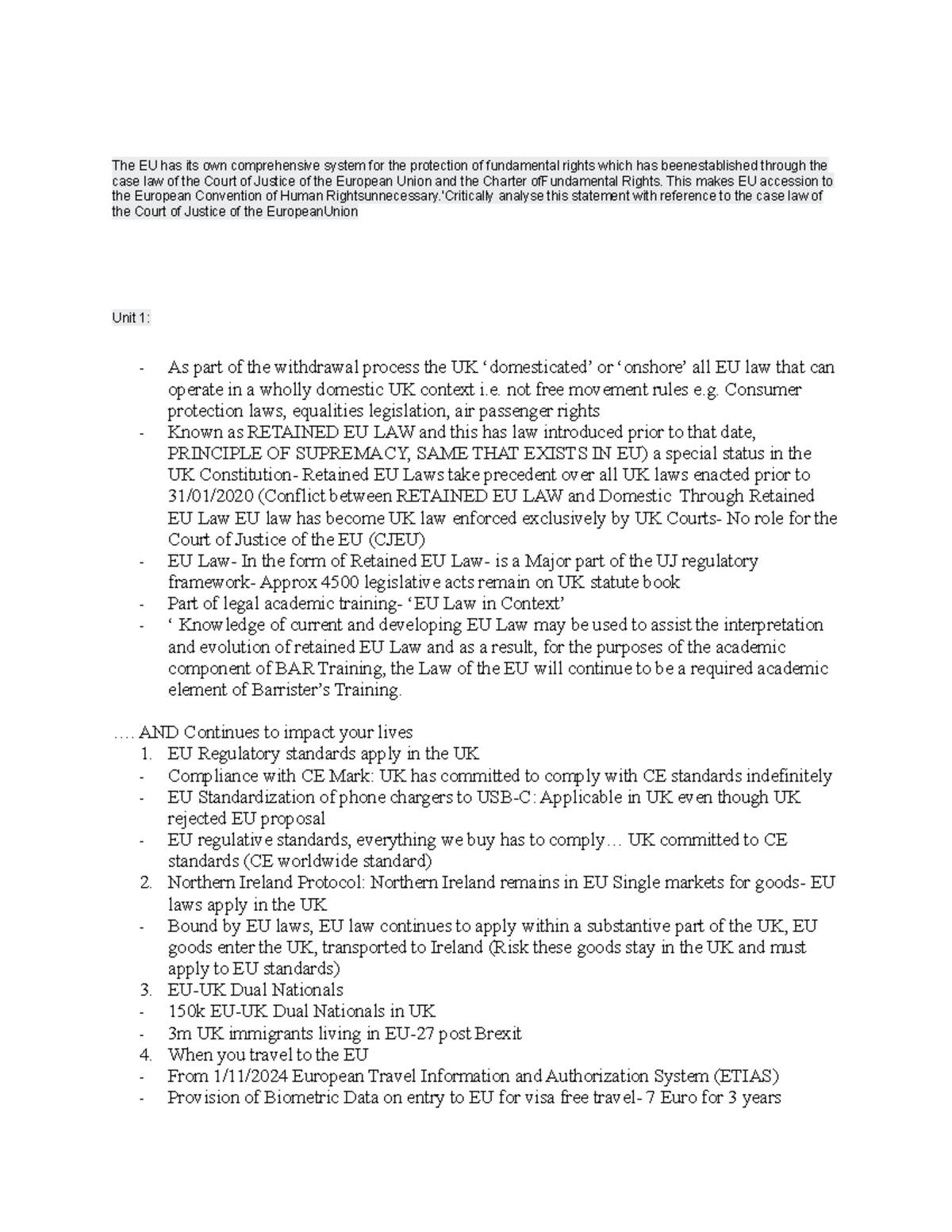 Eu Law Lecture Notes The Eu Has Its Own Comprehensive System For The Protection Of Fundamental