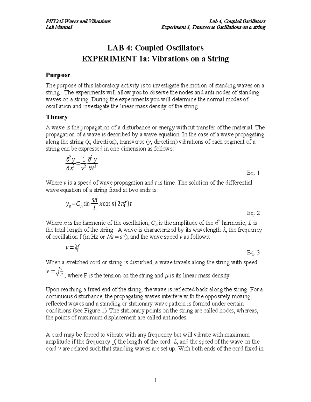 Lab 5.1a Manual Vibrations on a string - Lab Manual Experiment 1, Transverse Oscillations on a ...