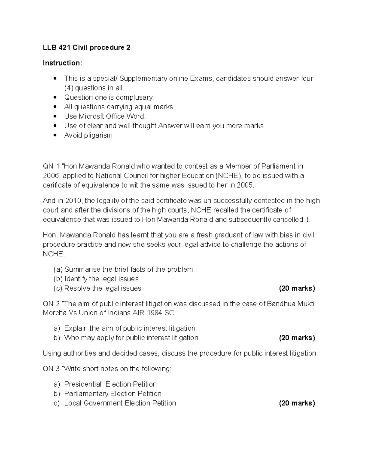 LLB421Civilprocedure 2 - LLB 421 Civil procedure 2 Instruction: This is a special/ Supplementary ...